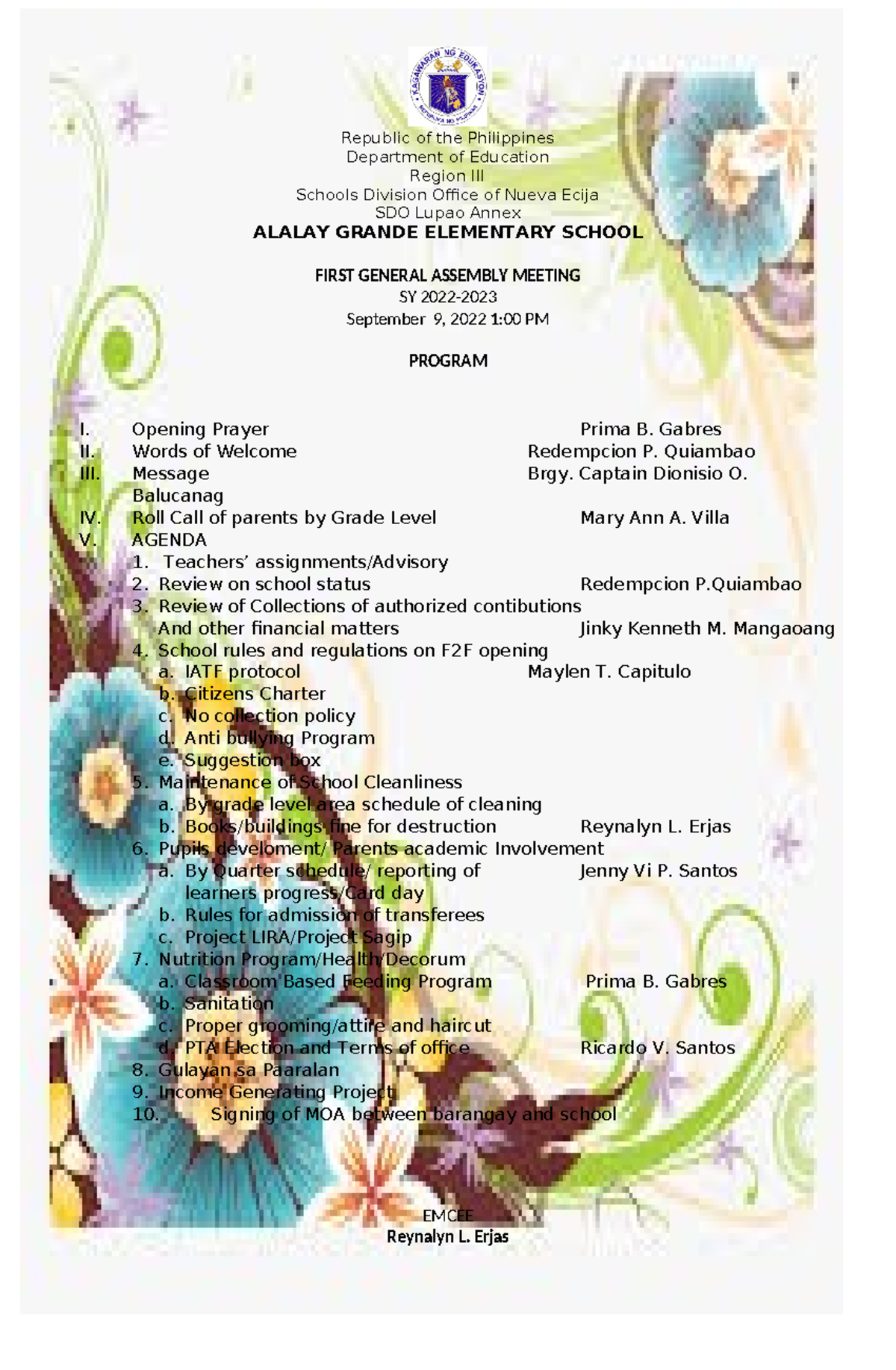 Agenda First General Assembly Meeting September 2022 - Republic of the ...