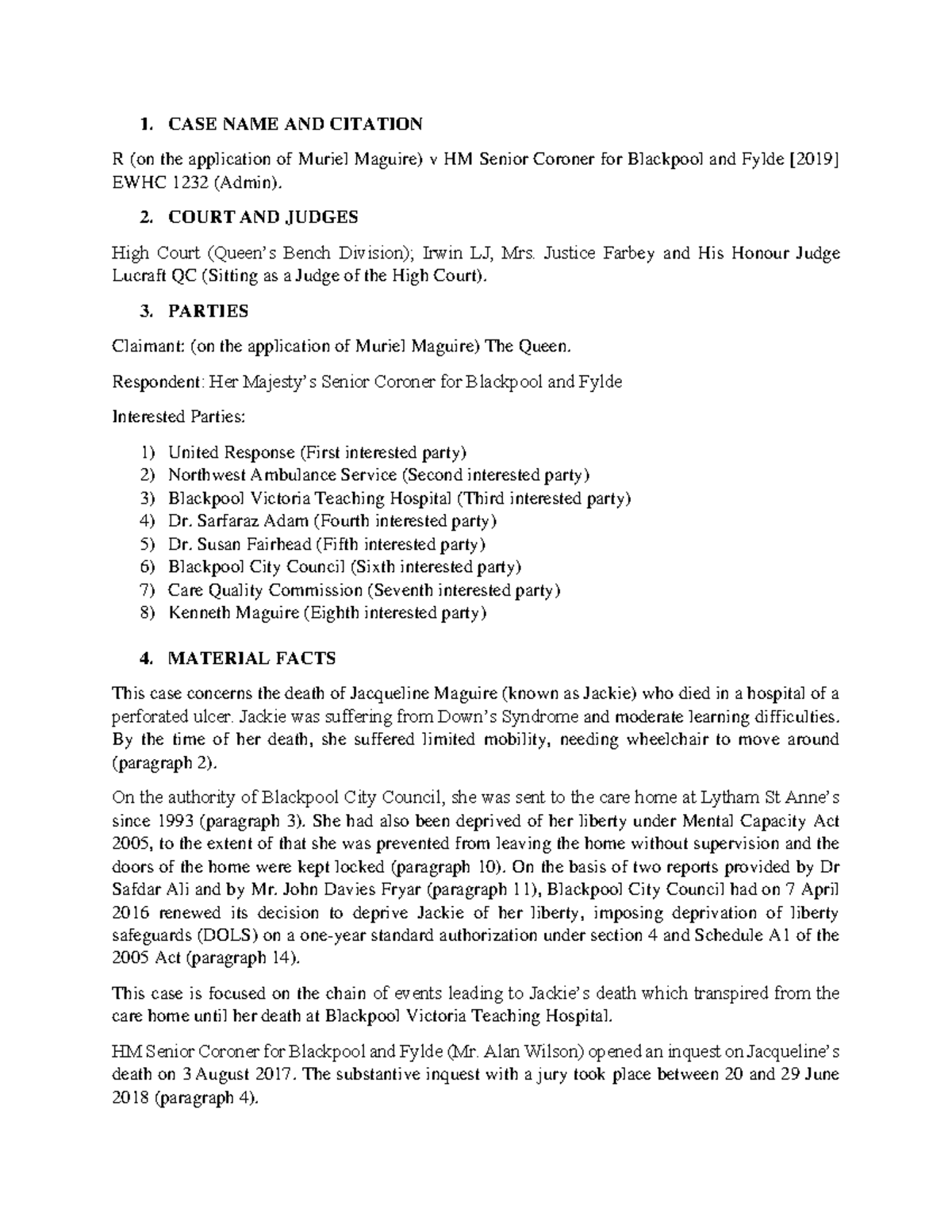 Sample Case note - .... - 1. CASE NAME AND CITATION R (on the ...