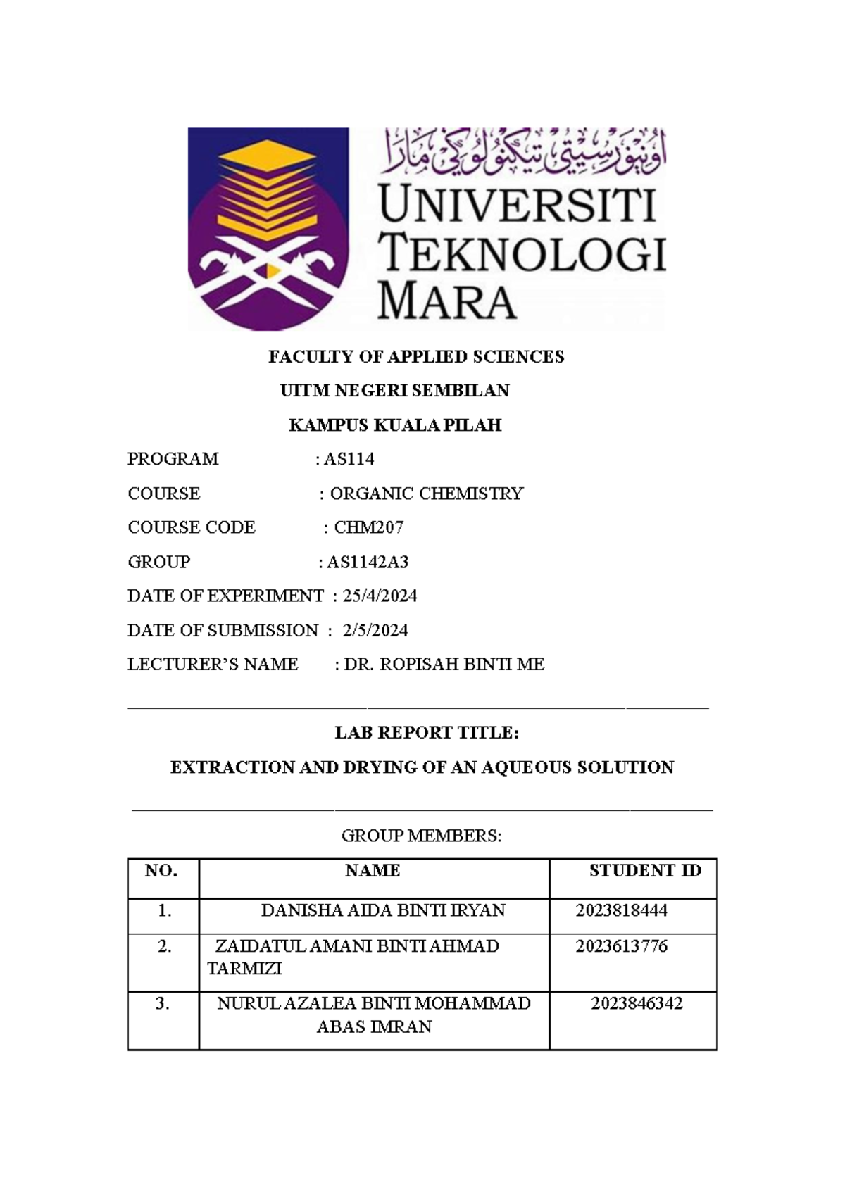 CHM207 Experiment 3 - Extraction and Drying Of A Aqueous Solution ...