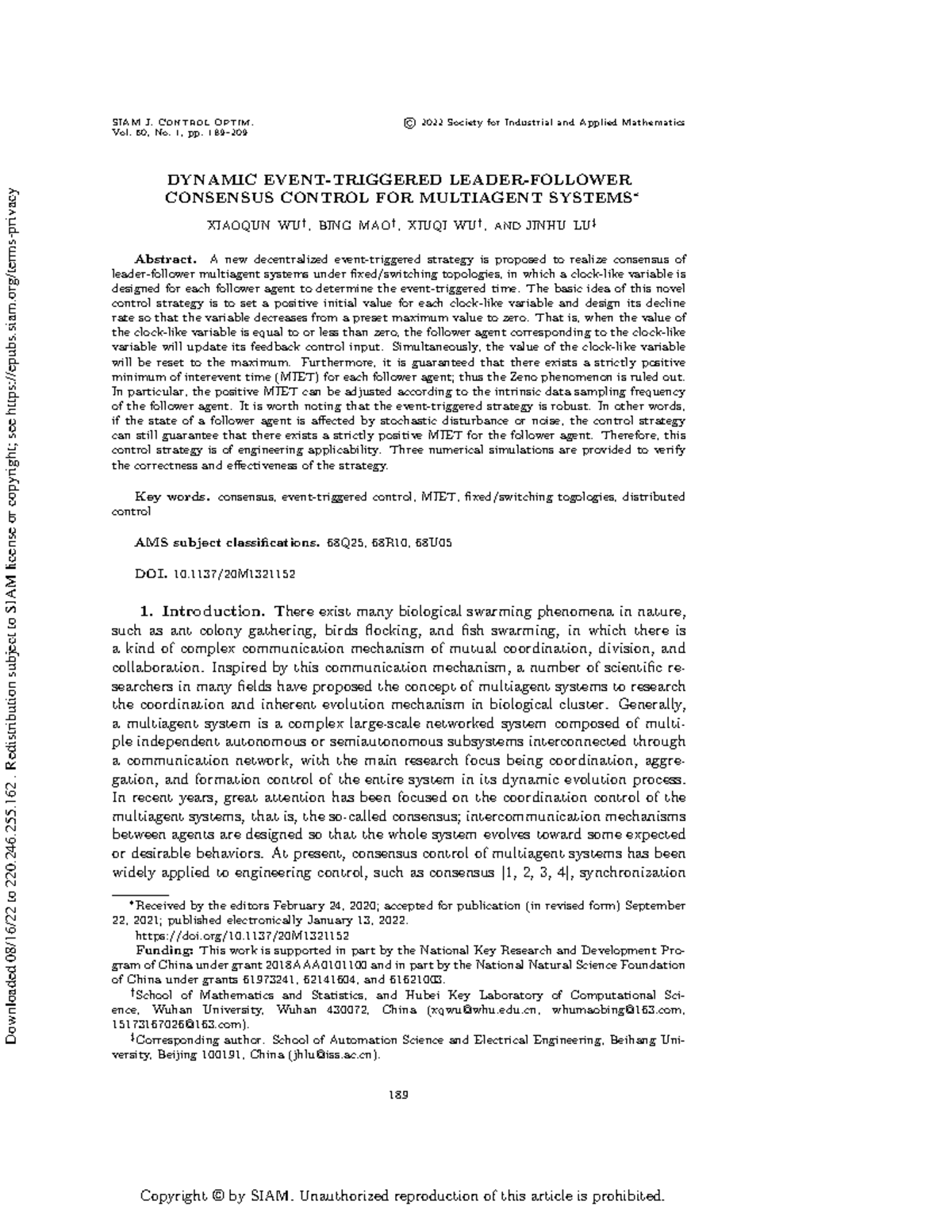 Dynamic Event Triggered Leader Followerconsensus Control For Multiagent Systems Siam J