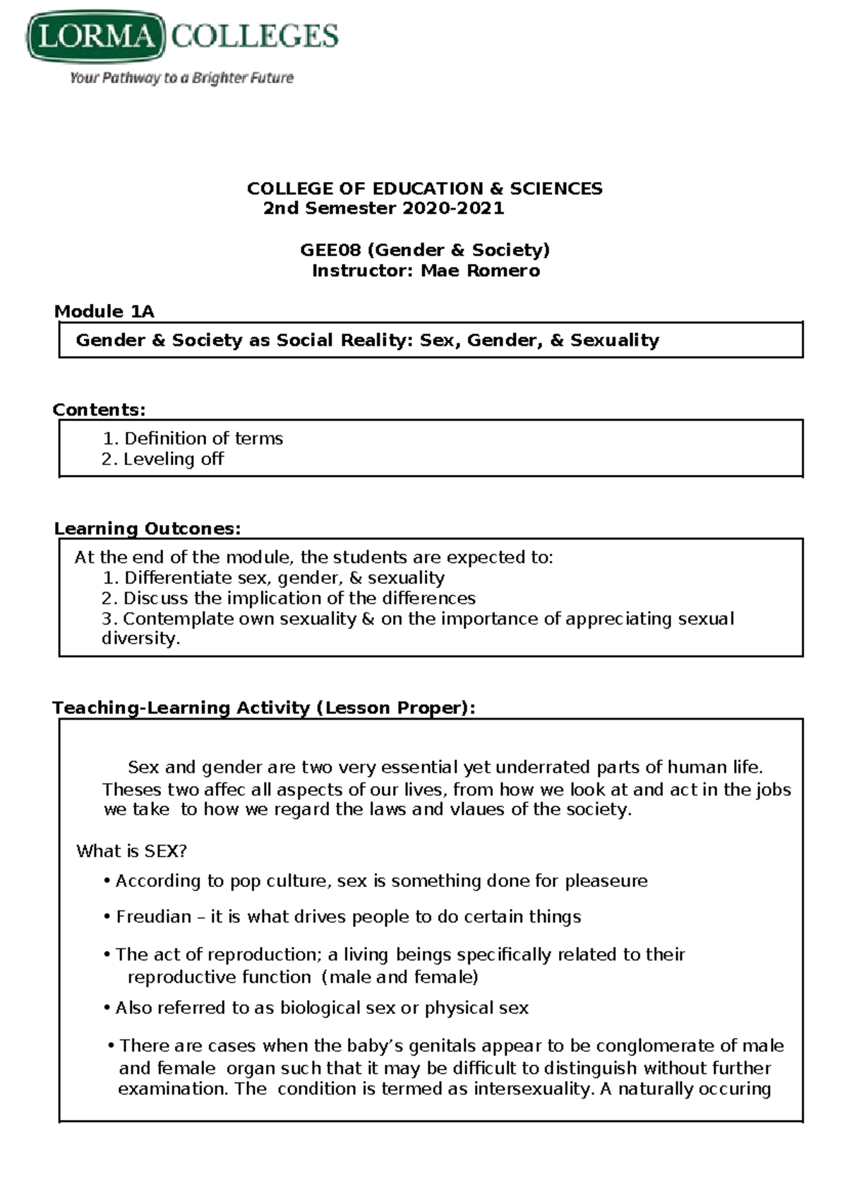 Module 1A MTW - RN 2024 - COLLEGE OF EDUCATION & SCIENCES 2nd Semester ...