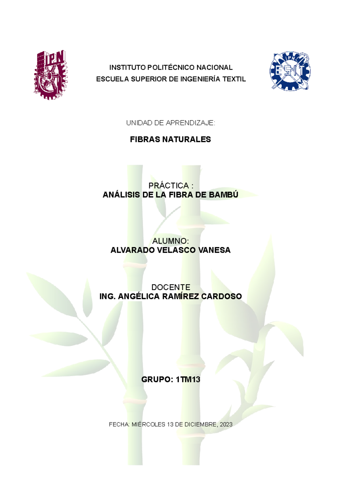 Practica Bambu - INSTITUTO POLITÉCNICO NACIONAL ESCUELA SUPERIOR DE INGENIERÍA TEXTIL UNIDAD DE ...