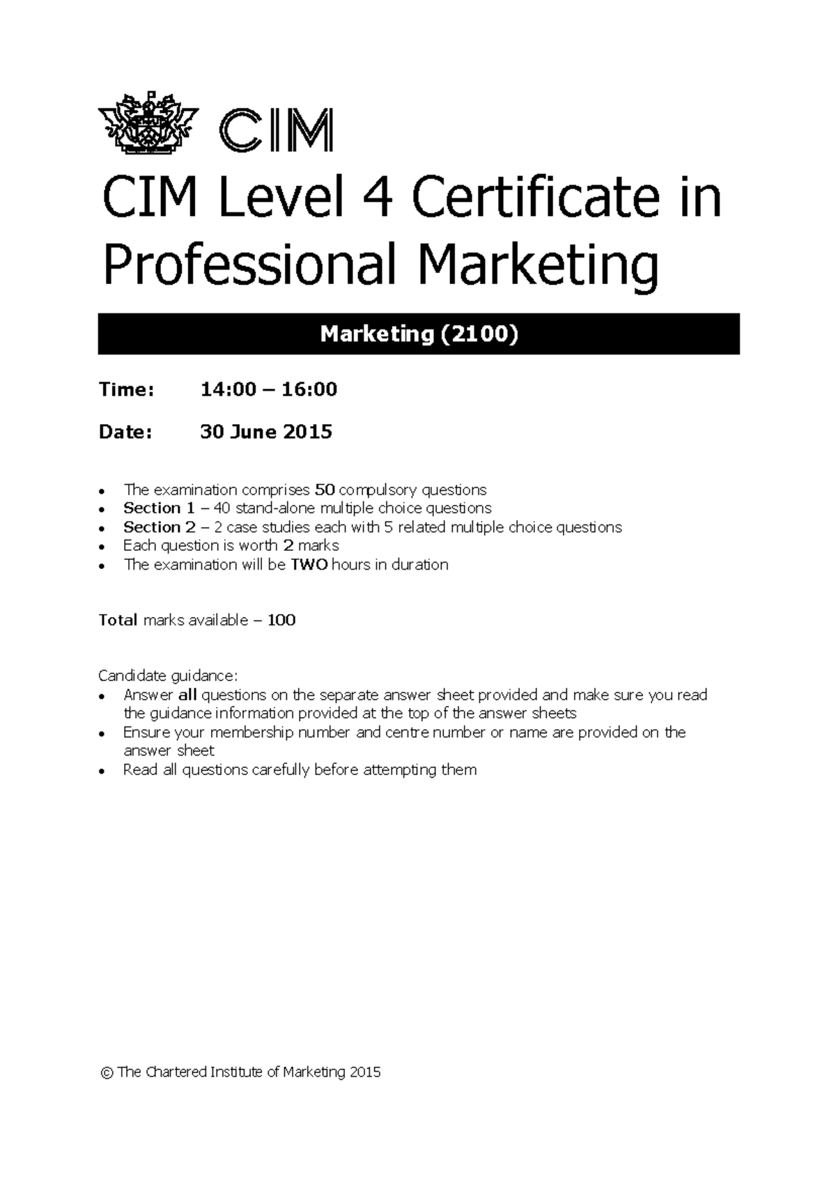 J15 marketing exam paper final CIM Level 4 Certificate in Personal ...