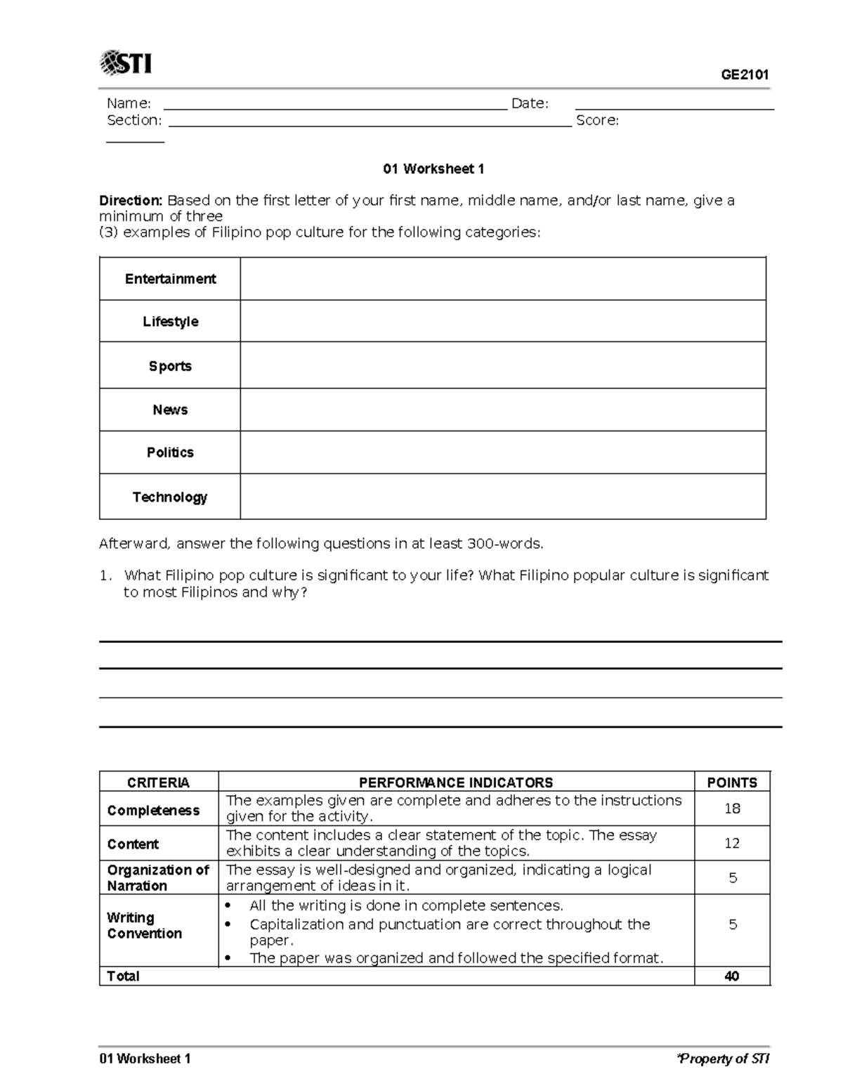 01 Worksheet 1(18) - COURSE WORK - GE Name: Date: Section: Score: 01 ...