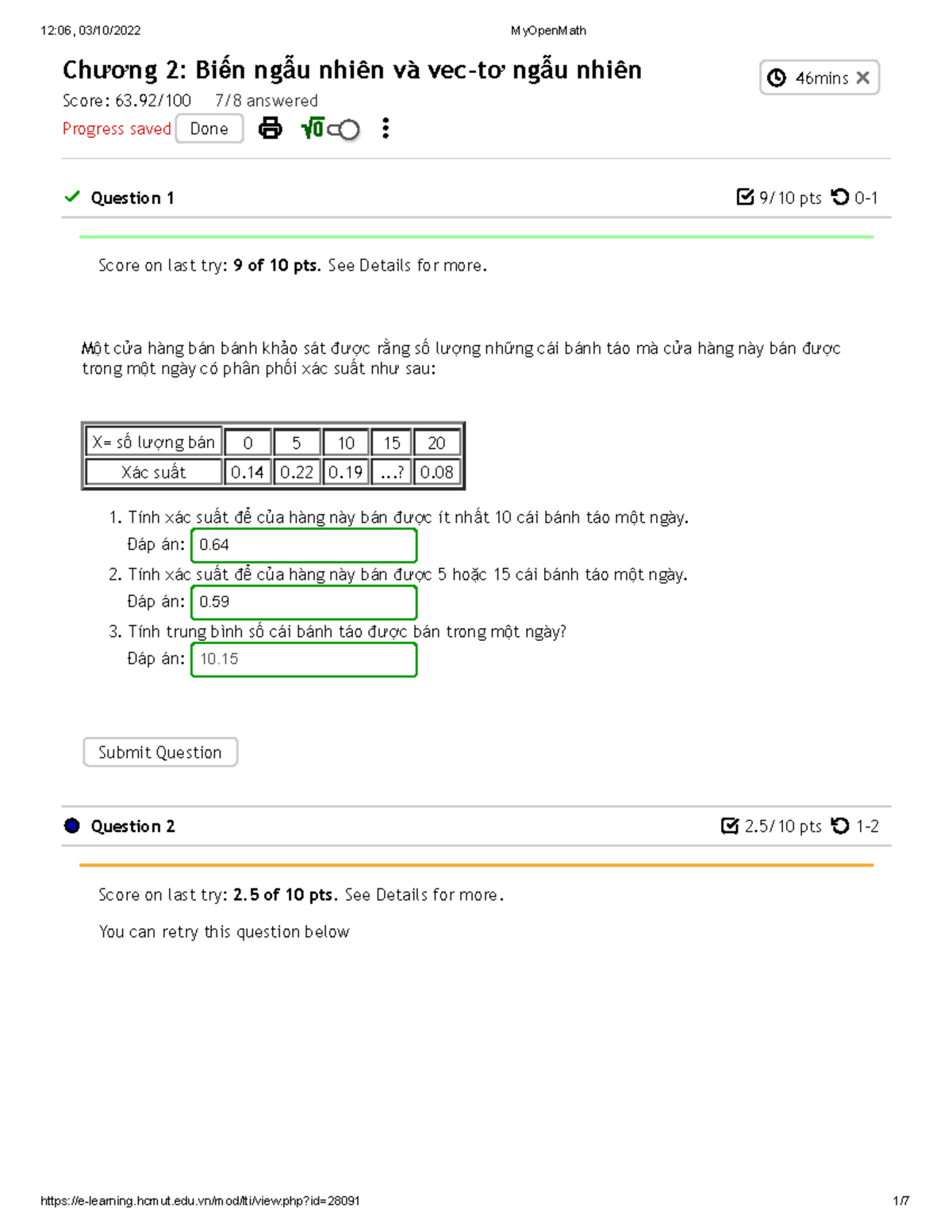 MT2013 NHOM L06 CQ 20221 Quiz chương 2 - Chương 2: Biến ngẫu nhiên và vec-tơ ngẫu nhiên Score ...