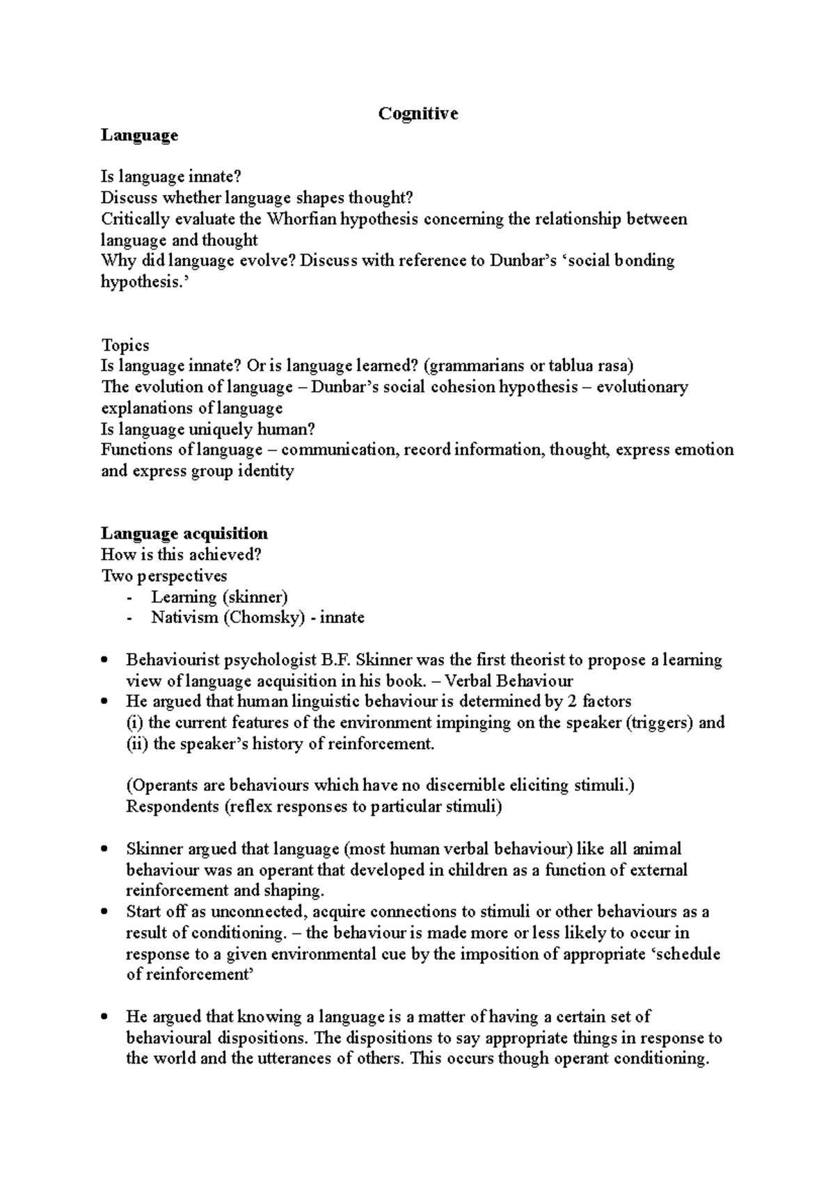 Language summary - Cognitive Language Is language innate? Discuss ...