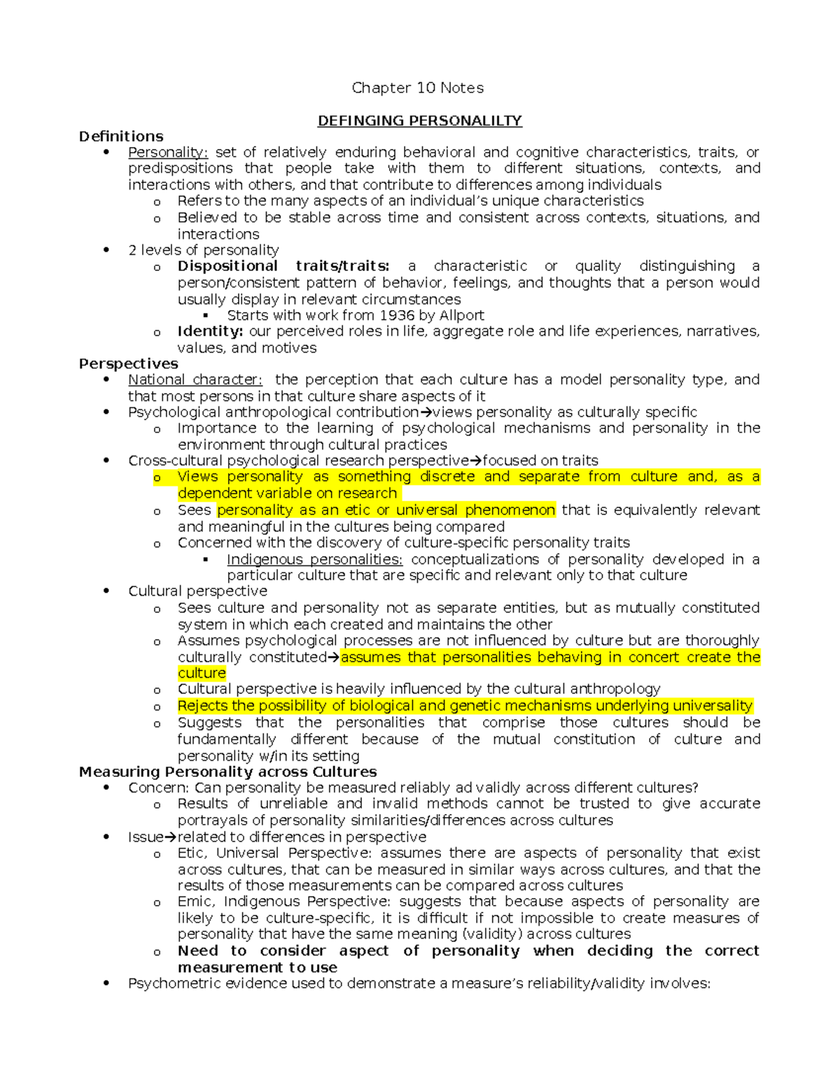 Chapter 10 Notes - Personality - Chapter 10 Notes DEFINGING ...