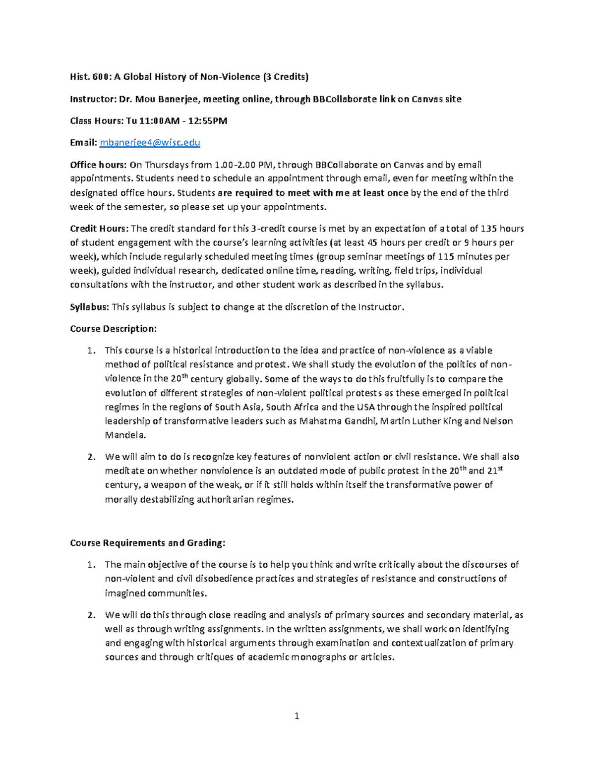 History 600 Syllabus - Global Nonviolence - Mou Banerjee - Hist. 600: A ...