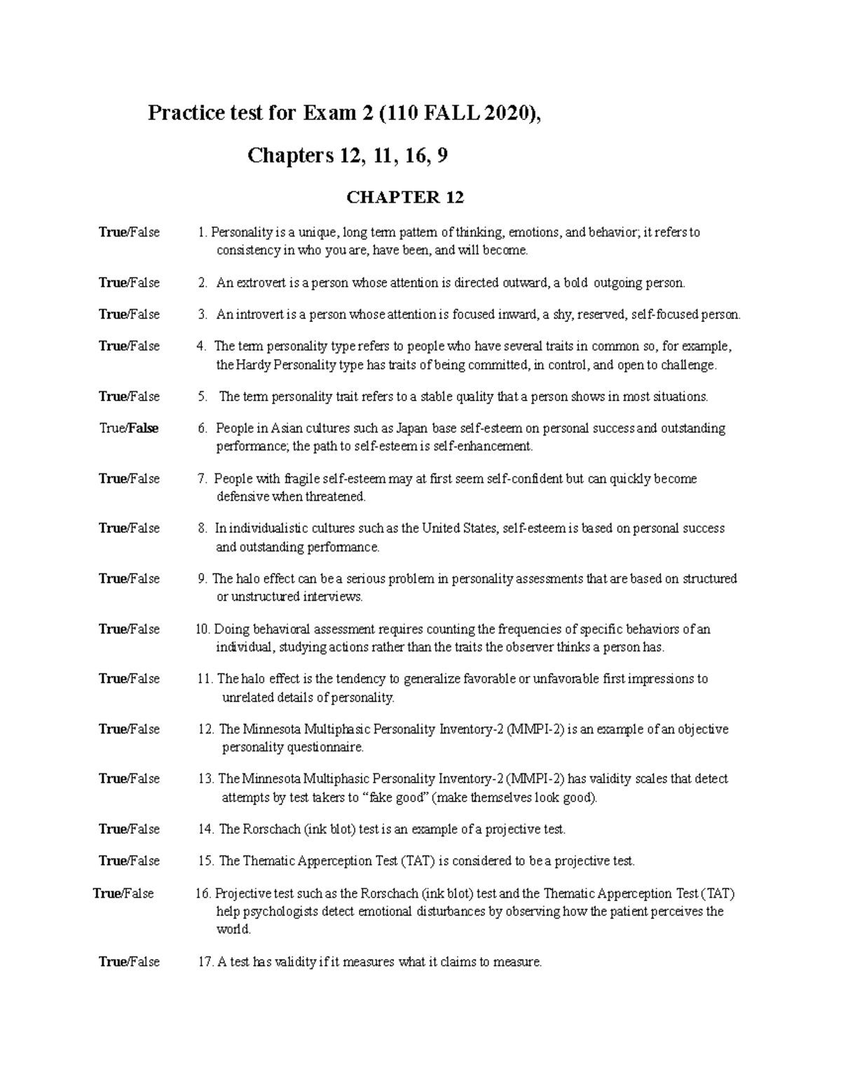PSY 110 Textbook Practice EXAM 2 - Practice test for Exam 2 (110 FALL ...