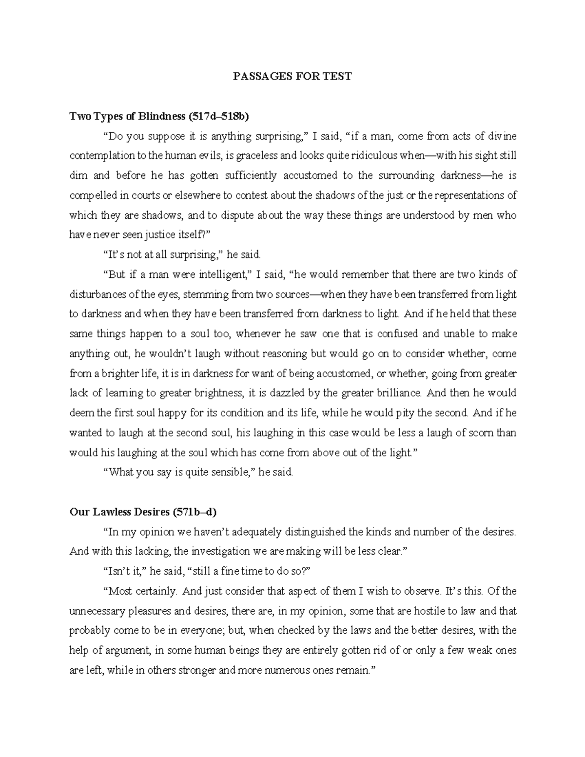 Excerpts for test ethics - PASSAGES FOR TEST Two Types of Blindness ...