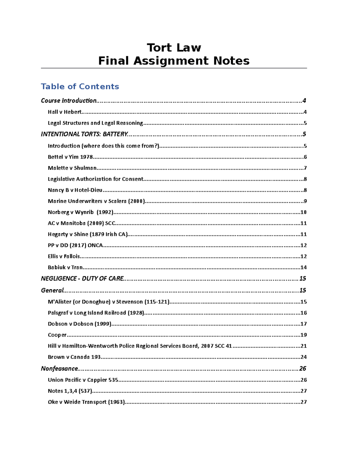 Tort Notes copy - N/A - Tort Law Final Assignment Notes Course - Studocu
