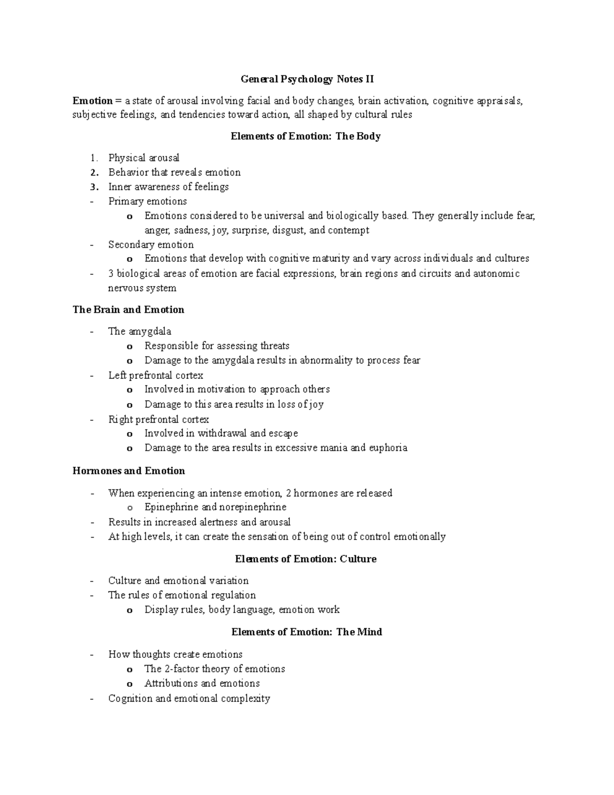 General Psychology Notes II - General Psychology Notes II Emotion = a ...