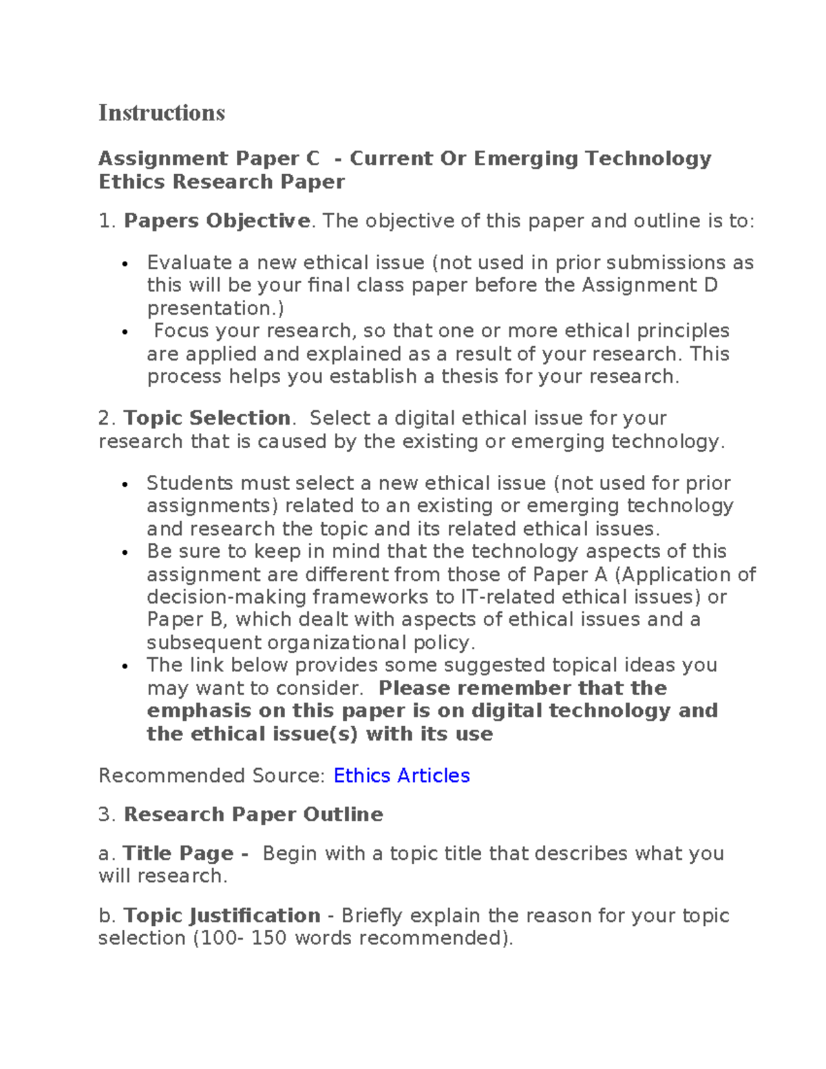 Assignment 4 Question - Instructions Assignment Paper C - Current Or Emerging Technology Ethics ...