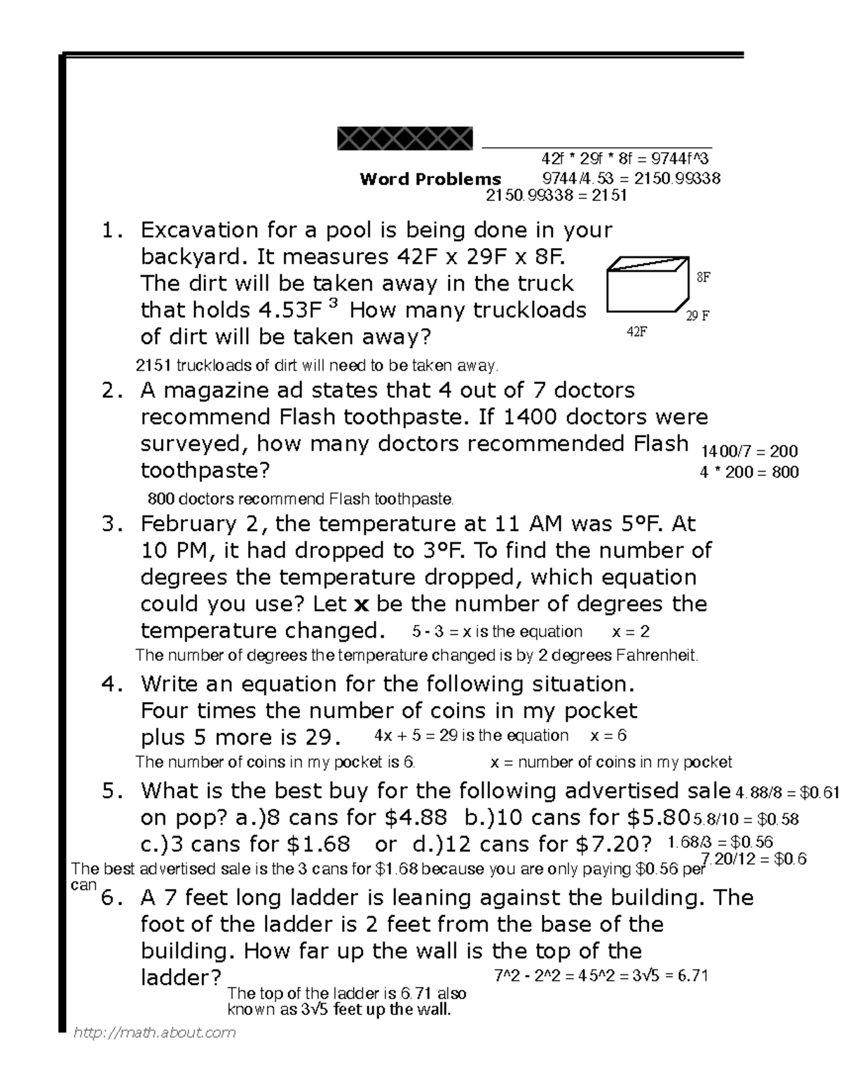 Worksheet number 8B - math.about Word Problems Excavation for a pool is ...