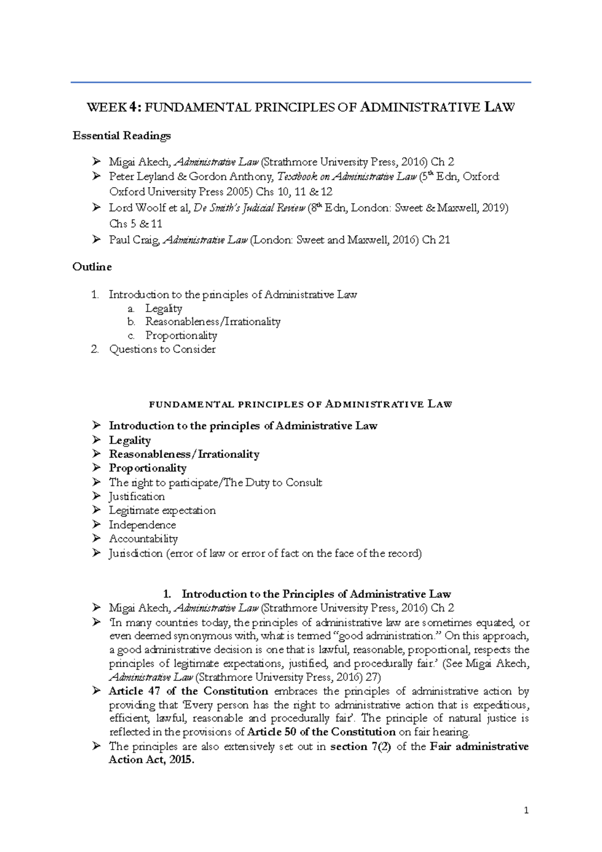Administrative Law I-Week 4 Handout - WEEK 4: FUNDAMENTAL PRINCIPLES OF ...