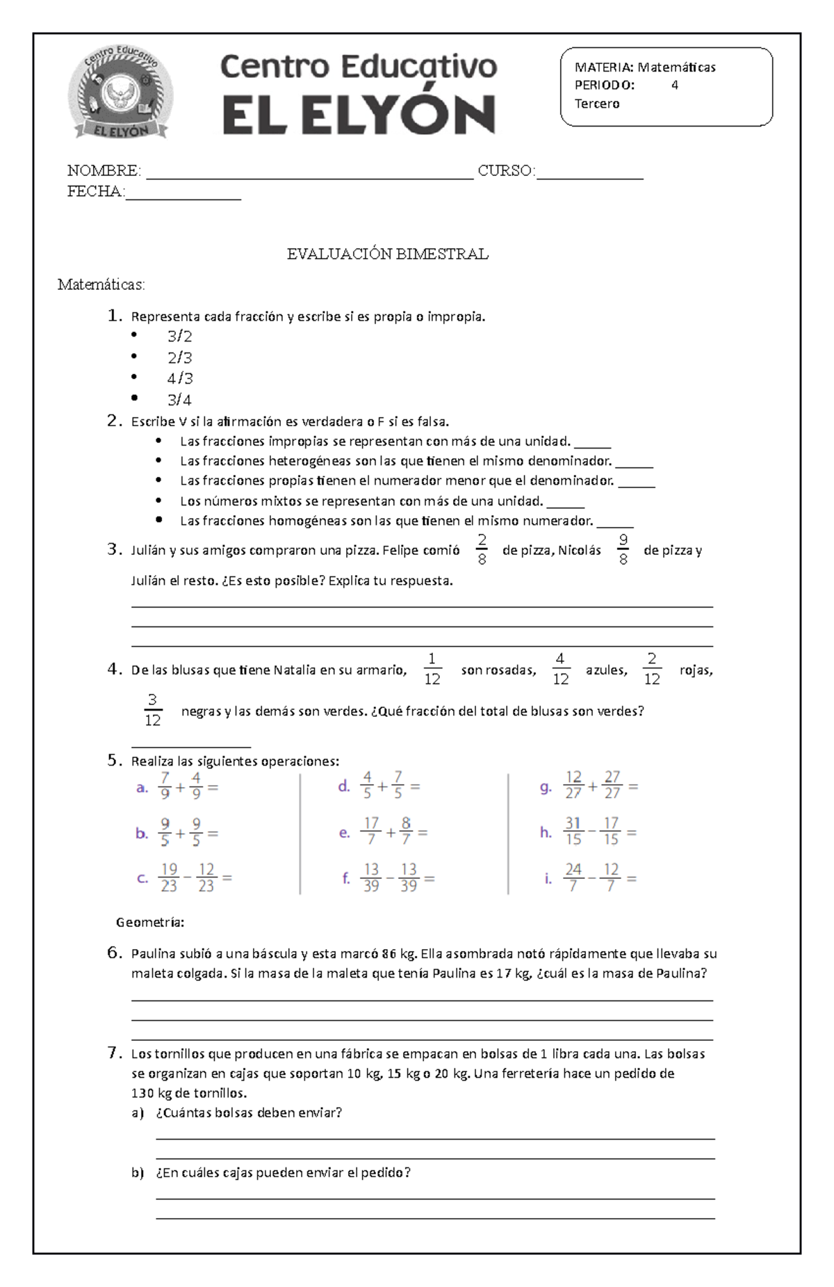 Bimestral periodo 4 Matemáticas 3 - Matemática - Uniminuto - Studocu