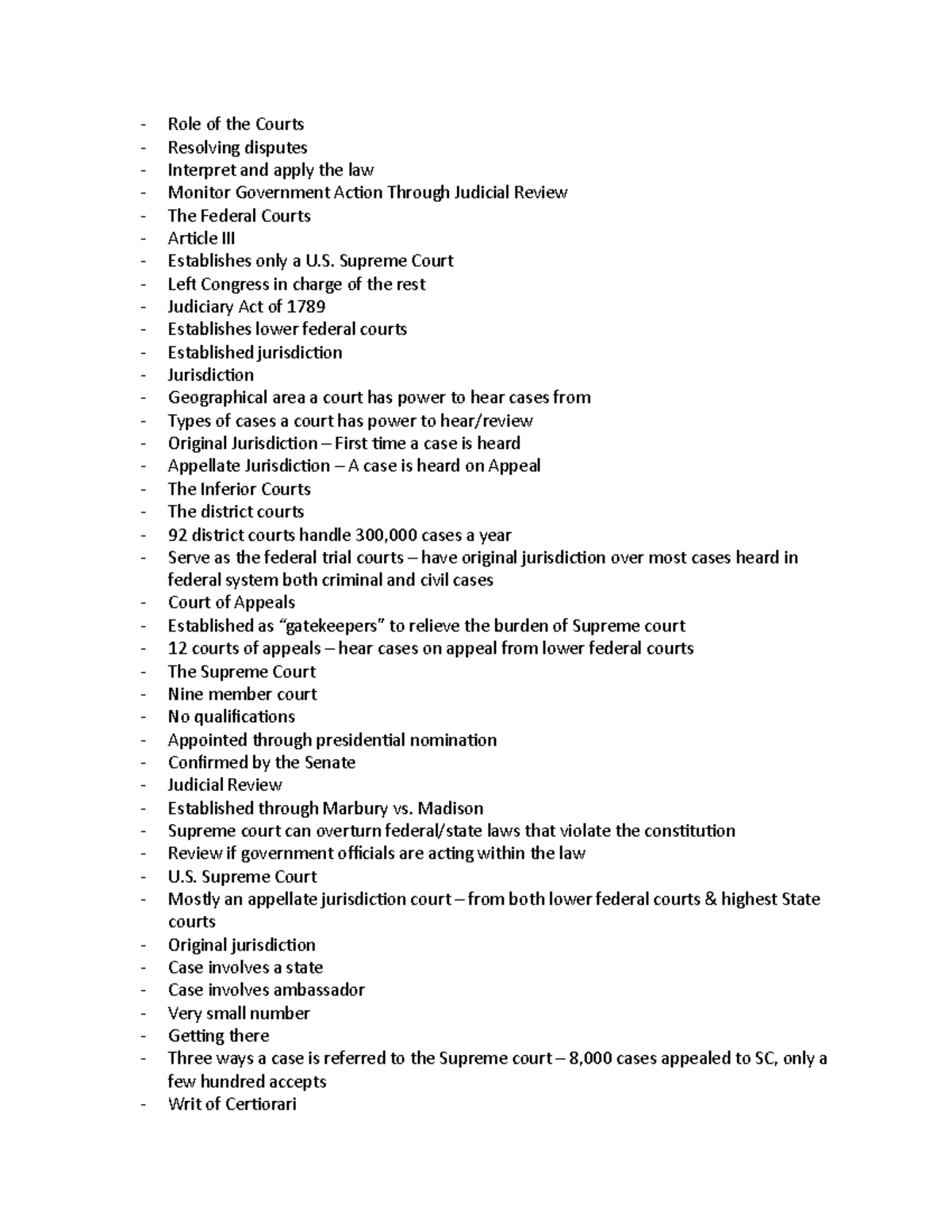 The Judicial Branch Notes - Role of the Courts Resolving disputes ...