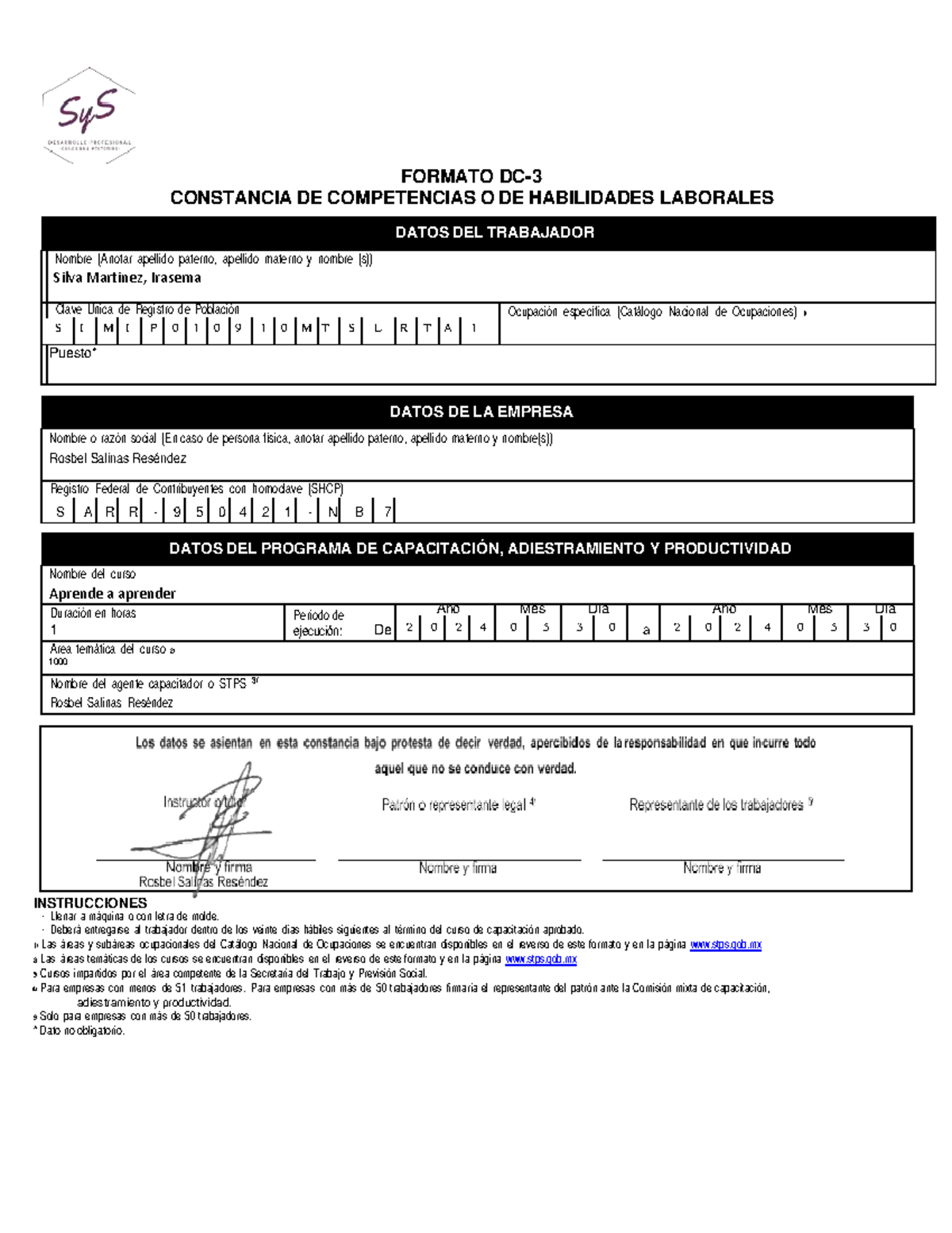 DC3- Irasema Silva- Aprende A Aprender - FORMATO DC- 3 CONSTANCIA DE ...
