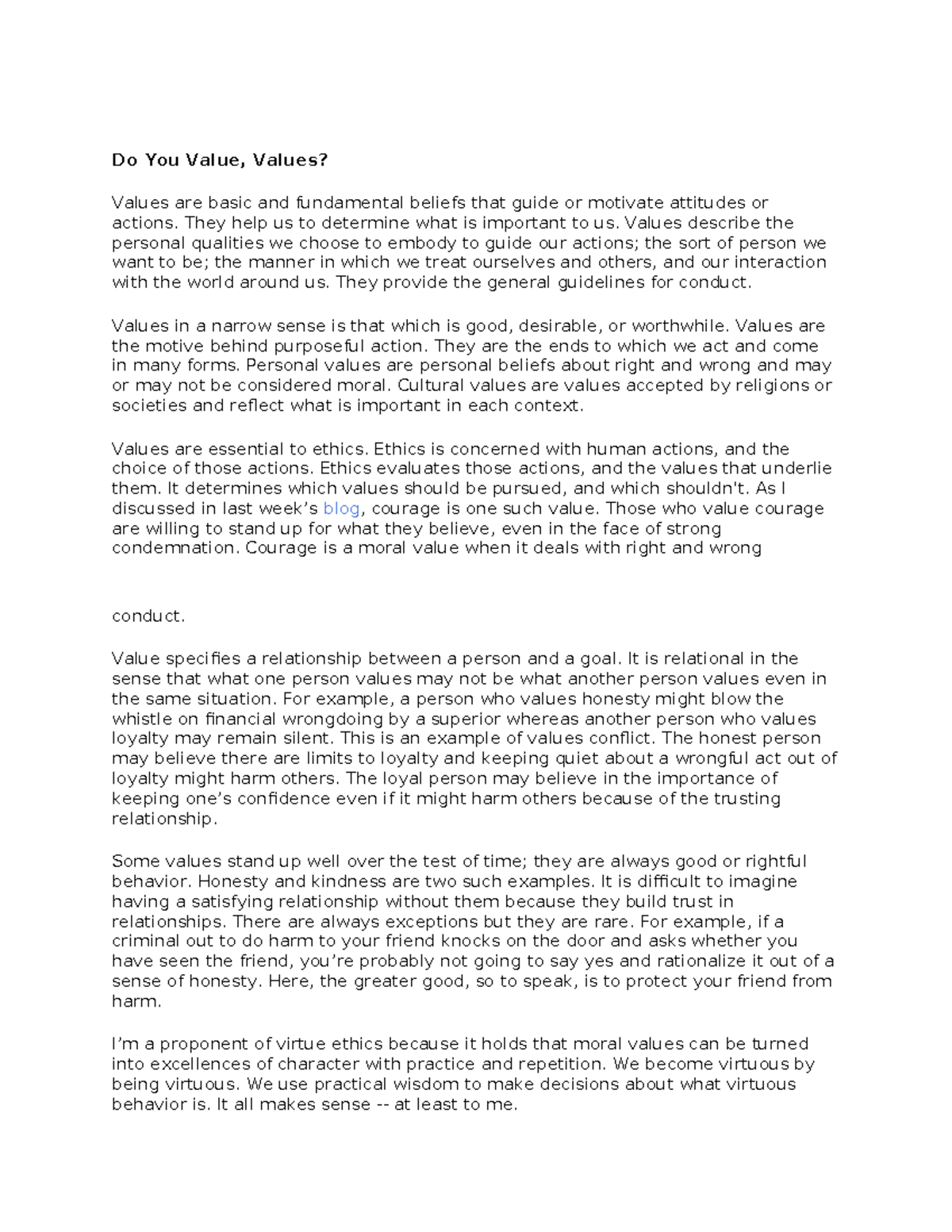 Values - Do You Value, Values? Values are basic and fundamental beliefs ...