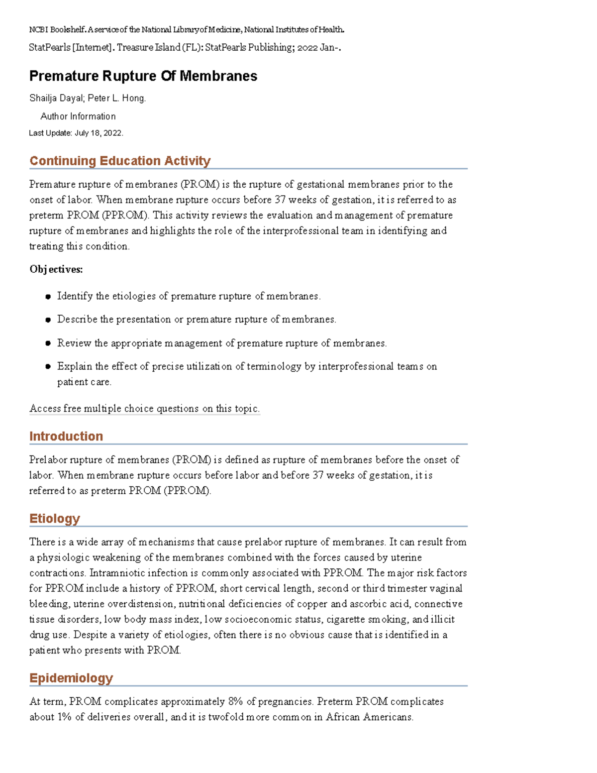 Premature Rupture Of Membranes - Stat Pearls - NCBI Bookshelf - NCBI ...