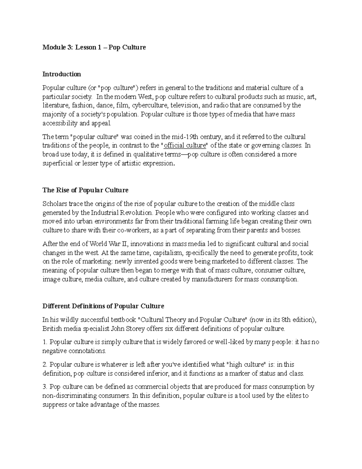 Module 3 Geography - none - Module 3: Lesson 1 – Pop Culture ...