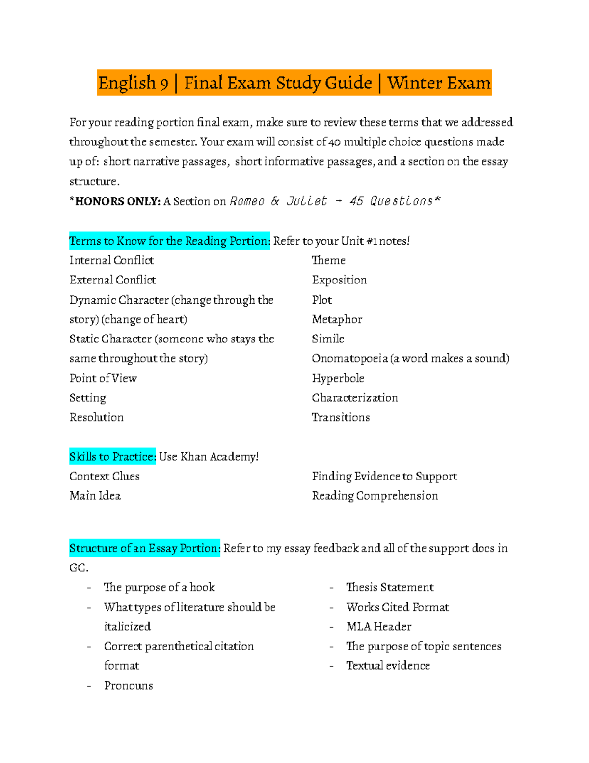 Copy of ELA9 Final Exam Review (Howard) - English 9 | Final Exam Study ...