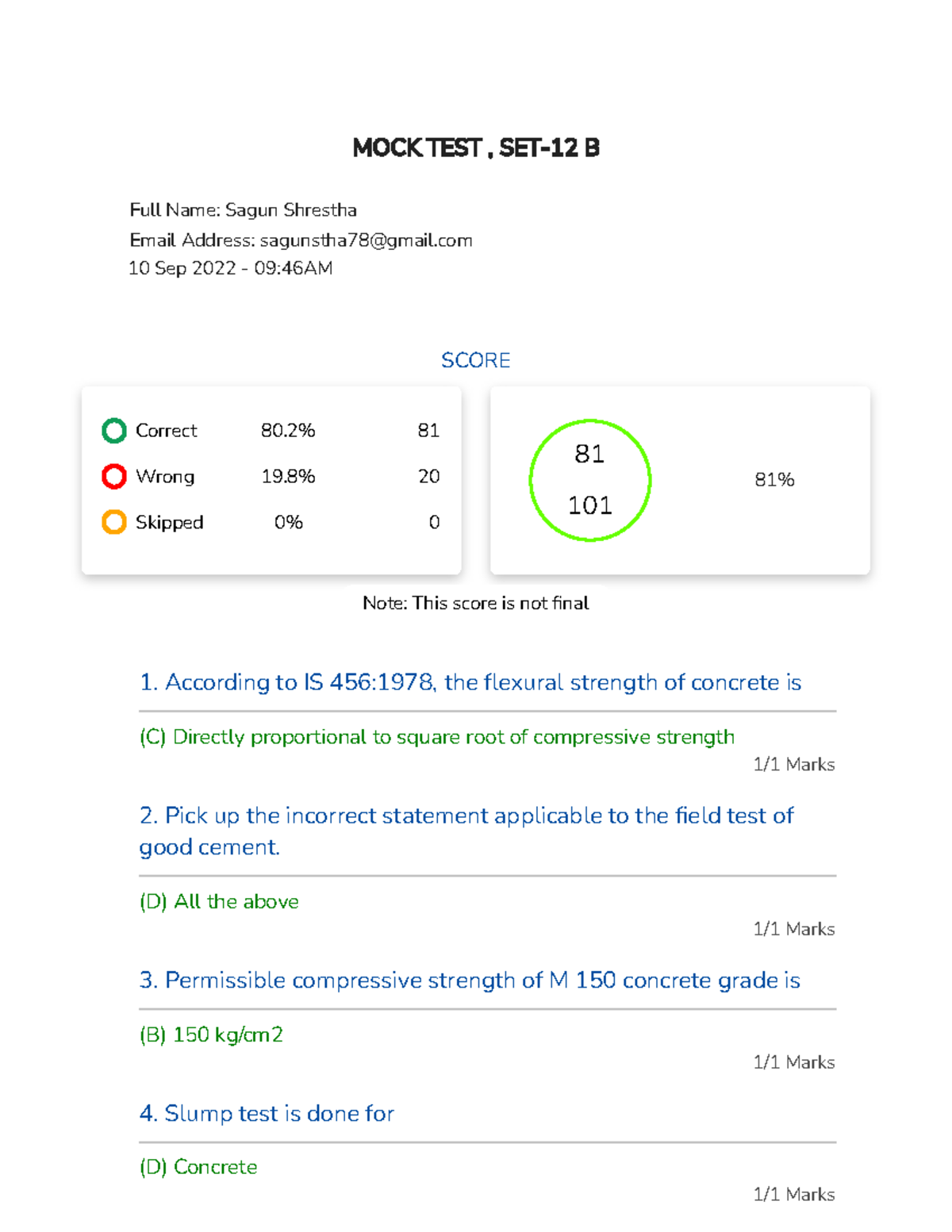 Answer-Sheet - Hi hello - MOCK TEST , SET-12 B Full Name: Sagun ...