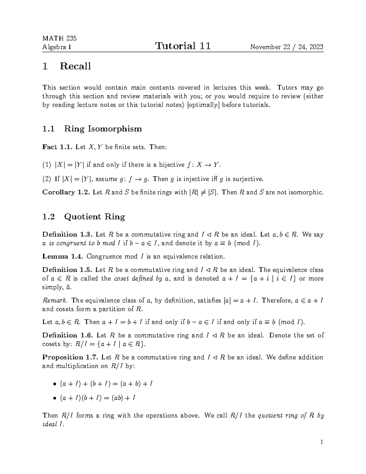 MATH235 Tutorial 11 Answer - Algebra I Tutorial 11 November 22 / 24, 2023 1 Recall This section ...