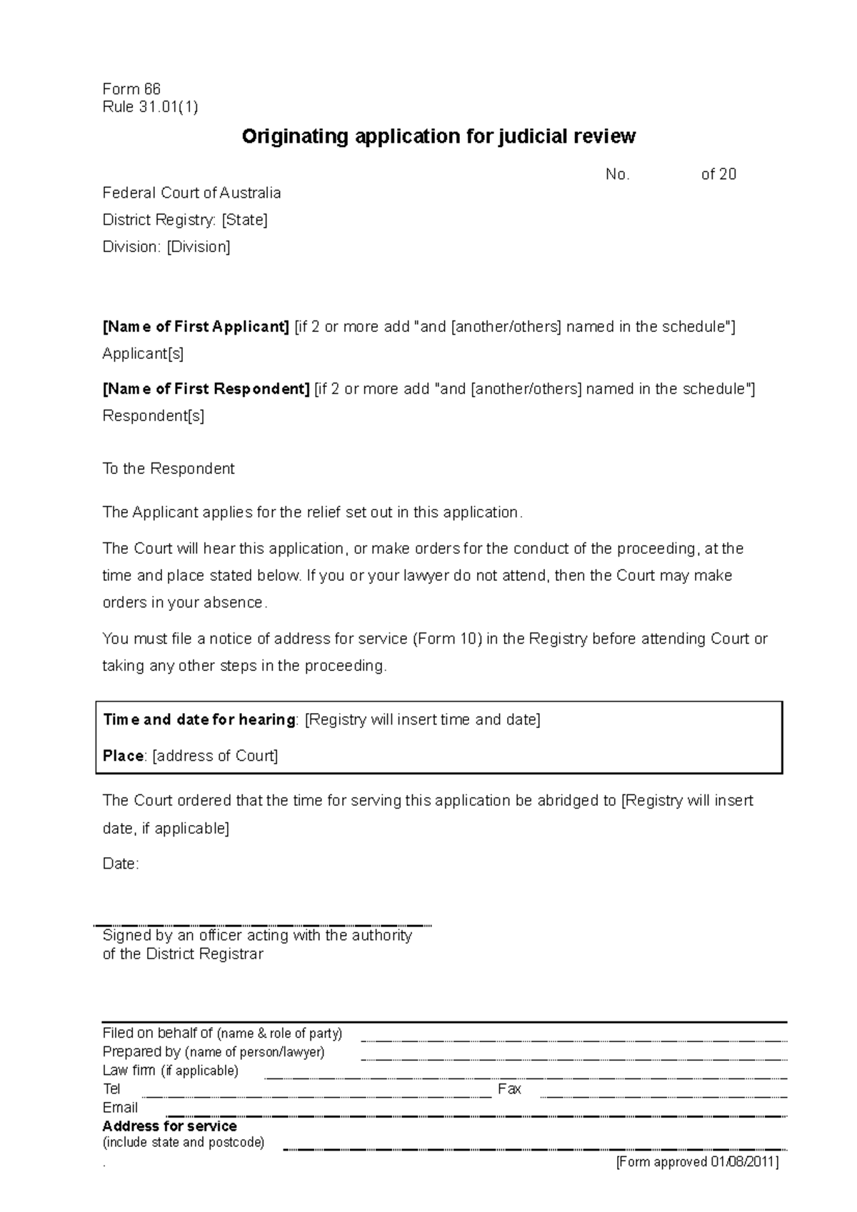 FCA form - revised 2021 - Form 66 Rule 31(1) Originating application ...