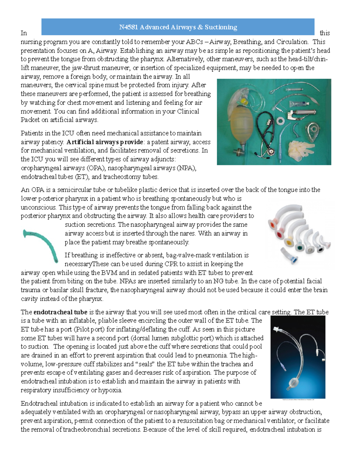 Advanced Airways and Suctioning Lecture - NURS 3661 - University of ...