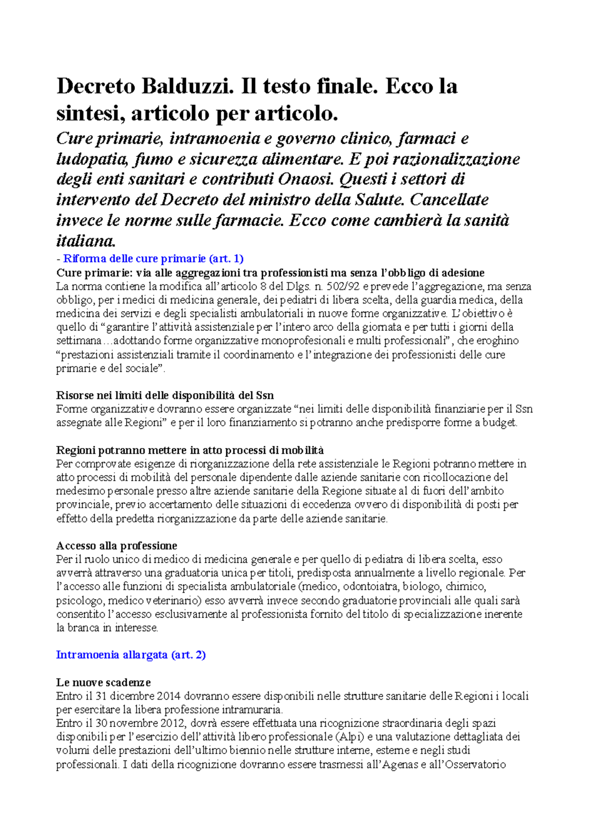 1348243451 decreto Balduzzi - Decreto Balduzzi. Il testo finale. Ecco ...