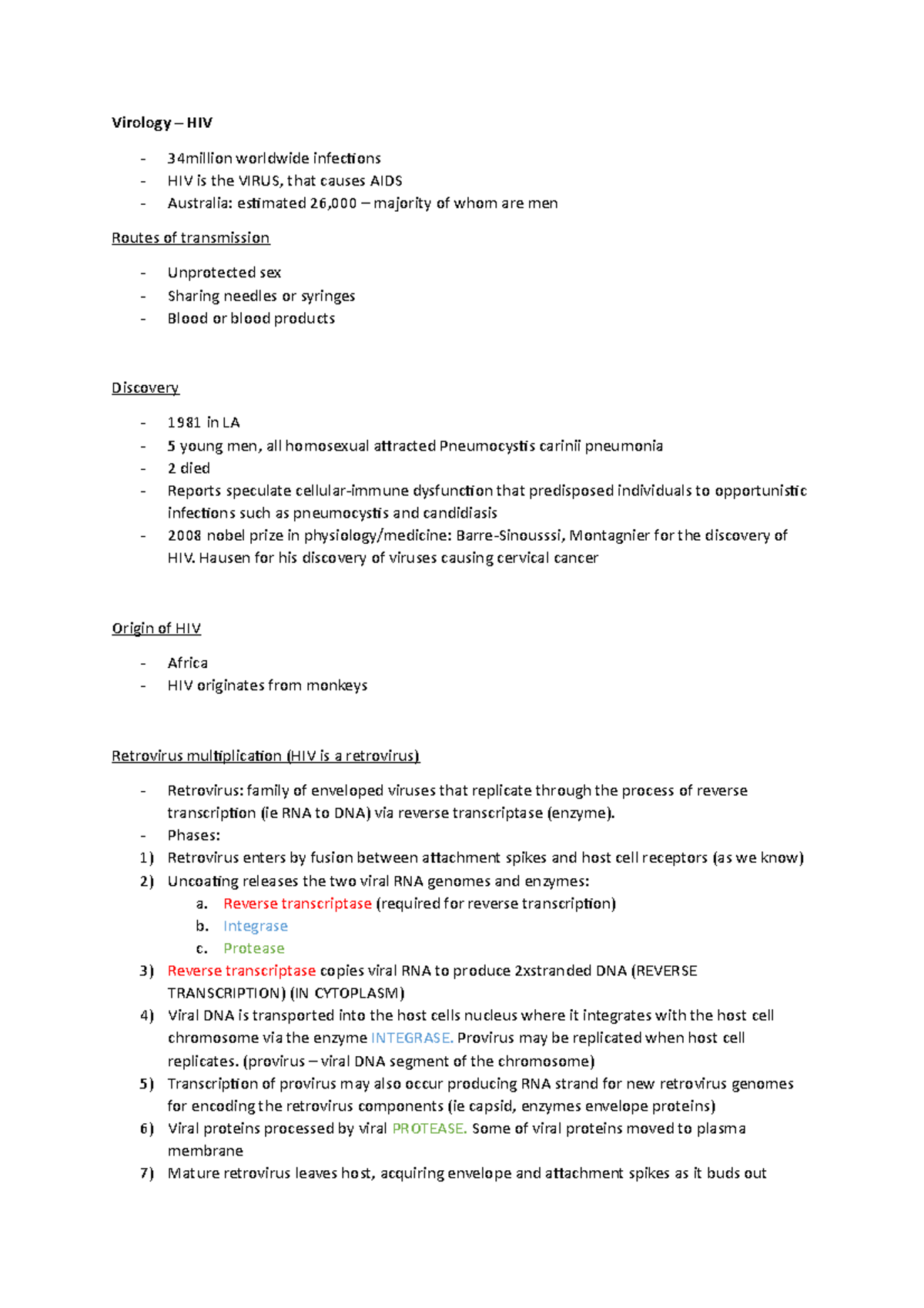 Virology HIV - Lecture notes 5 - Virology – HIV - 34million worldwide ...