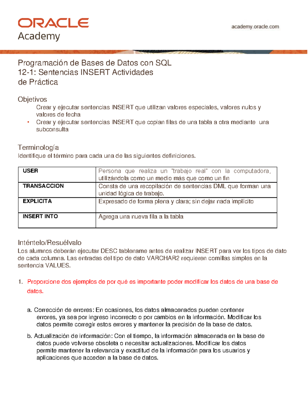 DP 12 1 - Practica - Programación de Bases de Datos con SQL 12 - 1: Sentencias INSERT ...