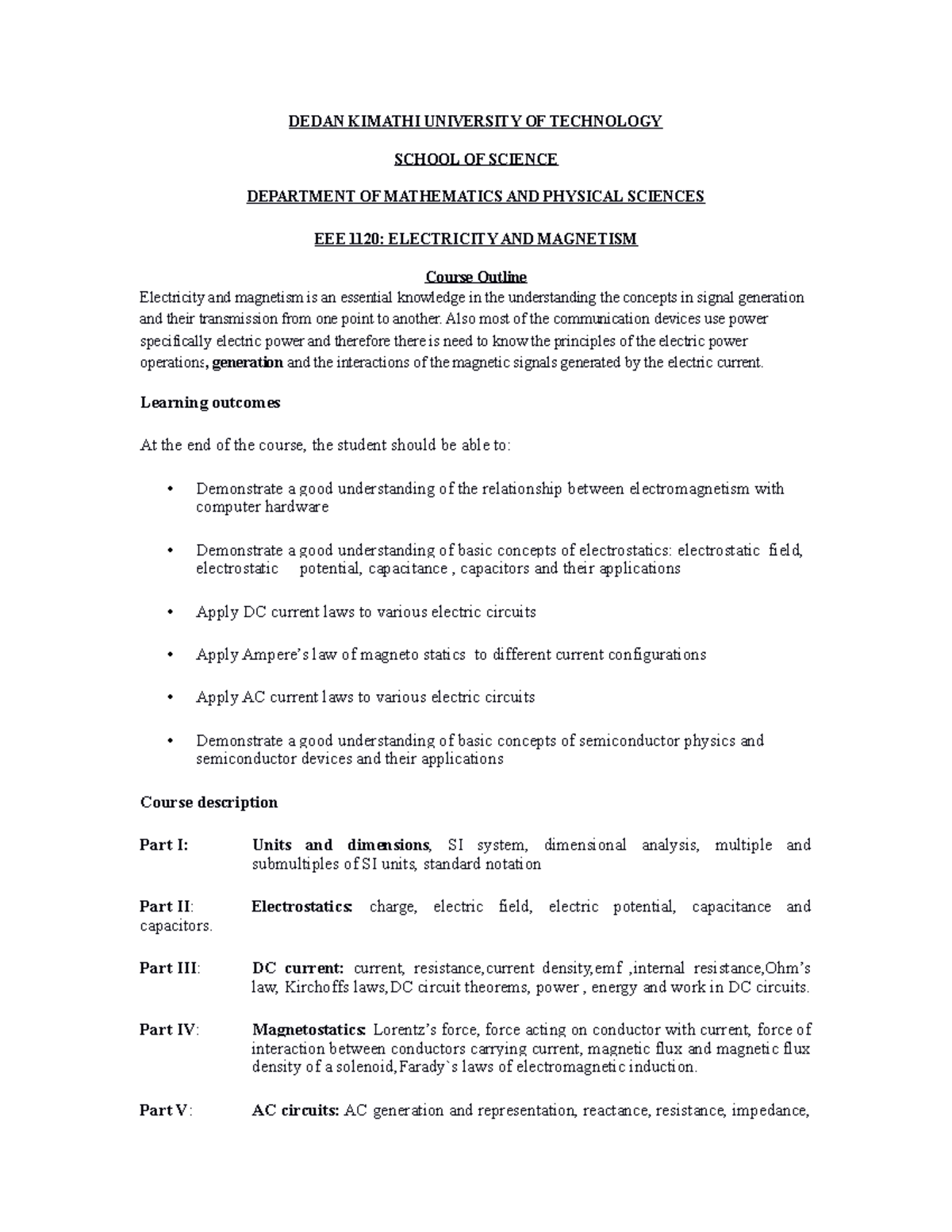 Eee 1120 Outline Current 2021....2 - DEDAN KIMATHI UNIVERSITY OF TECHNOLOGY SCHOOL OF SCIENCE ...