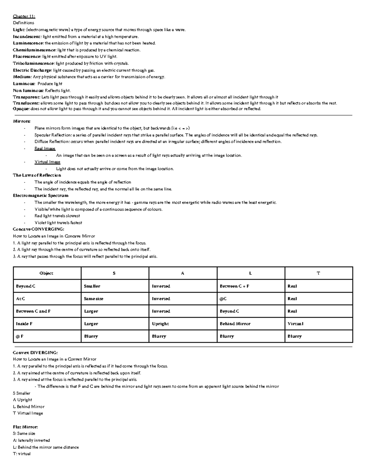 Chapter 11 Grade 10 Physics Notes - Chapter 11: Definitions Light ...