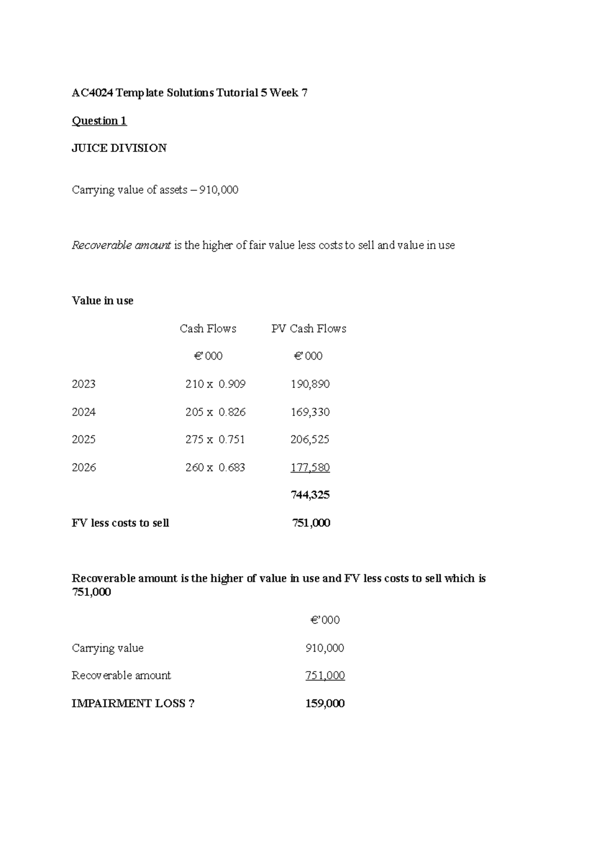 AC4024 Template Solutions Tutorial 5 Week 7 - 159,000 allocated between ...