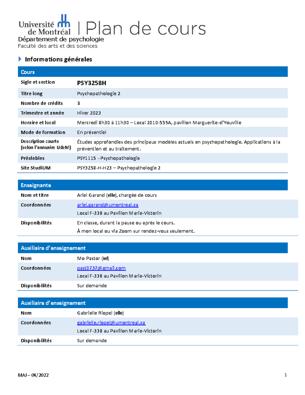 PSY3258 H - H23 - Plan de cours - Faculté des arts et des sciences ...