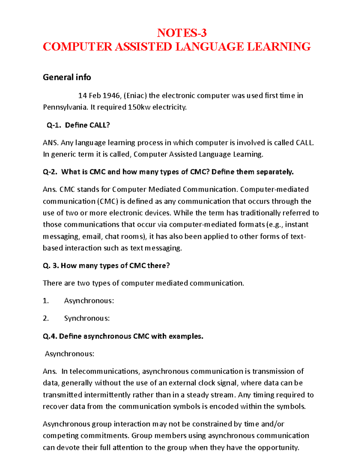 Call Notes-3 Computer Assisted Language Learning - NOTES- COMPUTER ...