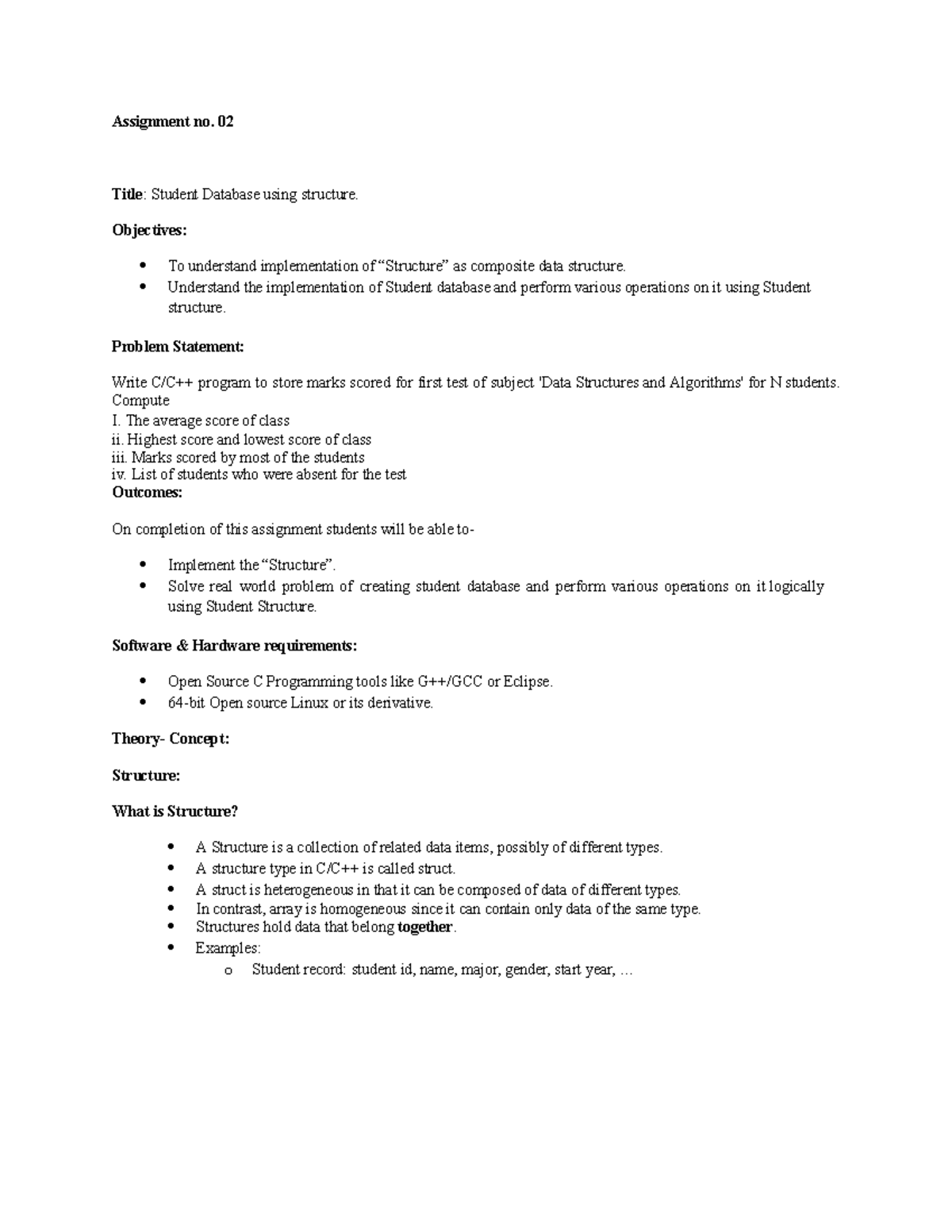 Assignment 02 manual - Assignment no. 02 Title: Student Database using ...