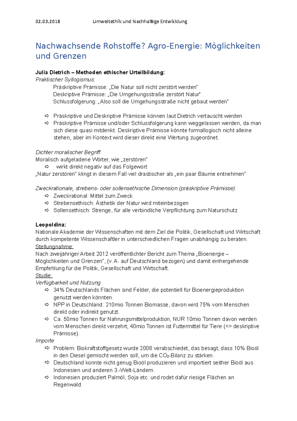 Handout Bioenergie - 02.03 Umweltethik und Nachhaltige Entwicklung Nachwachsende Rohstoffe ...