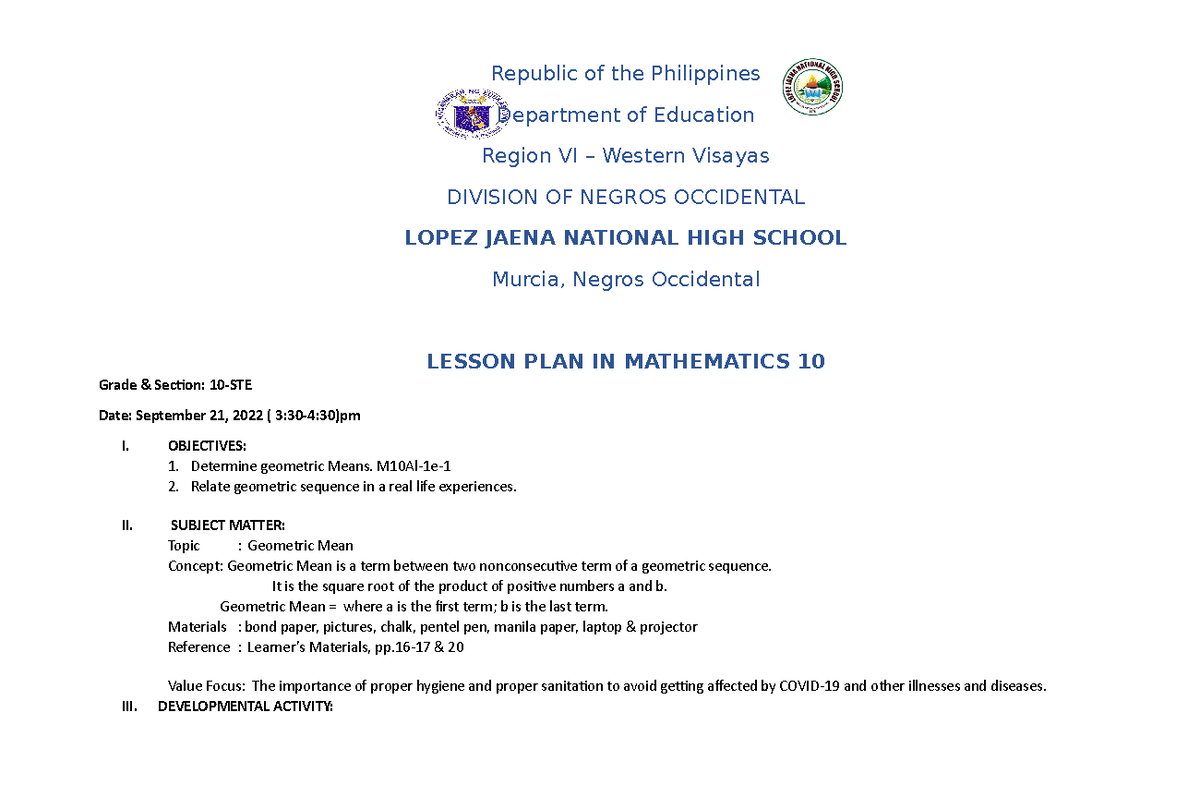 Lesson PLAN in Geometric Sequence - Republic of the Philippines ...