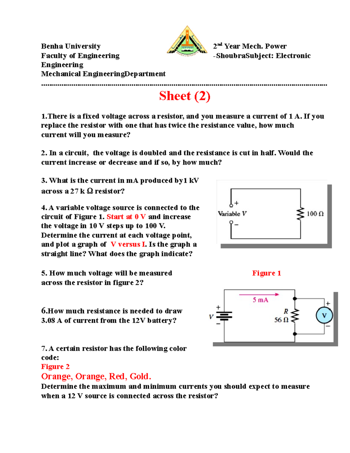 Sheet-2 - Electronics sheet - Benha University 2nd Year Mech. Power ...