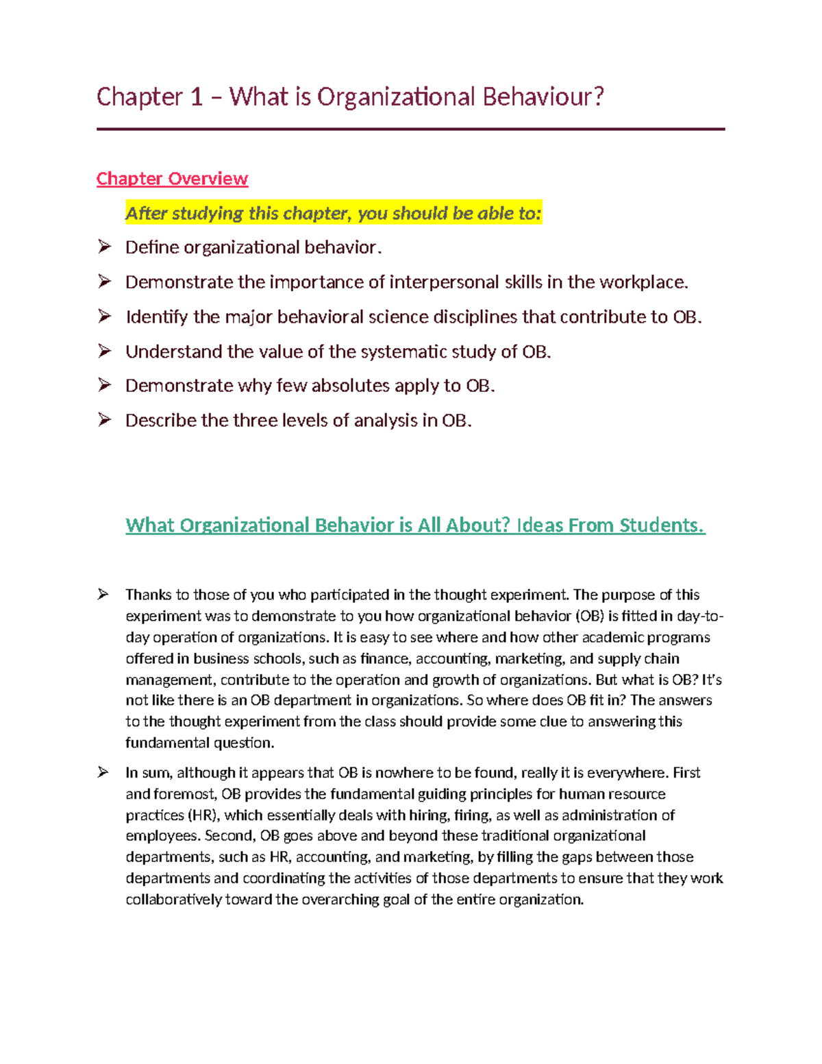 Chapter 1 - What is Organizational Behavior - Chapter 1 – What is ...