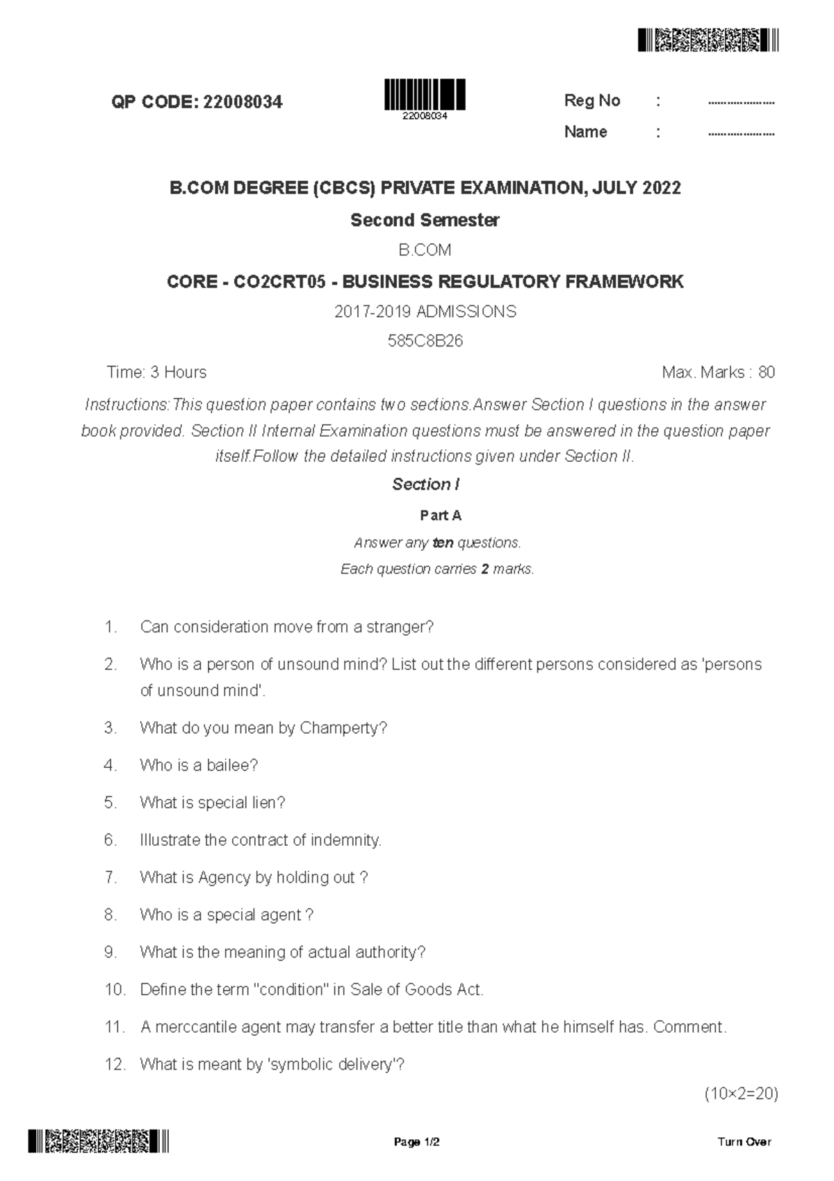 BRF PVT 2022 - BRF - QP CODE: 22008034 Reg No : ..................... Name ...