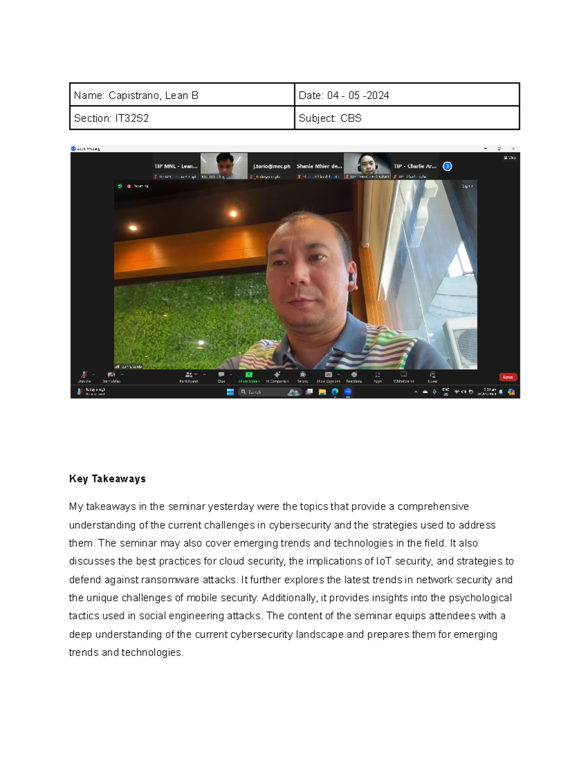 Cyber Security Webinar - Key Takeaways Capistrano - Name: Capistrano, Lean B Date: 04 - 05 ...