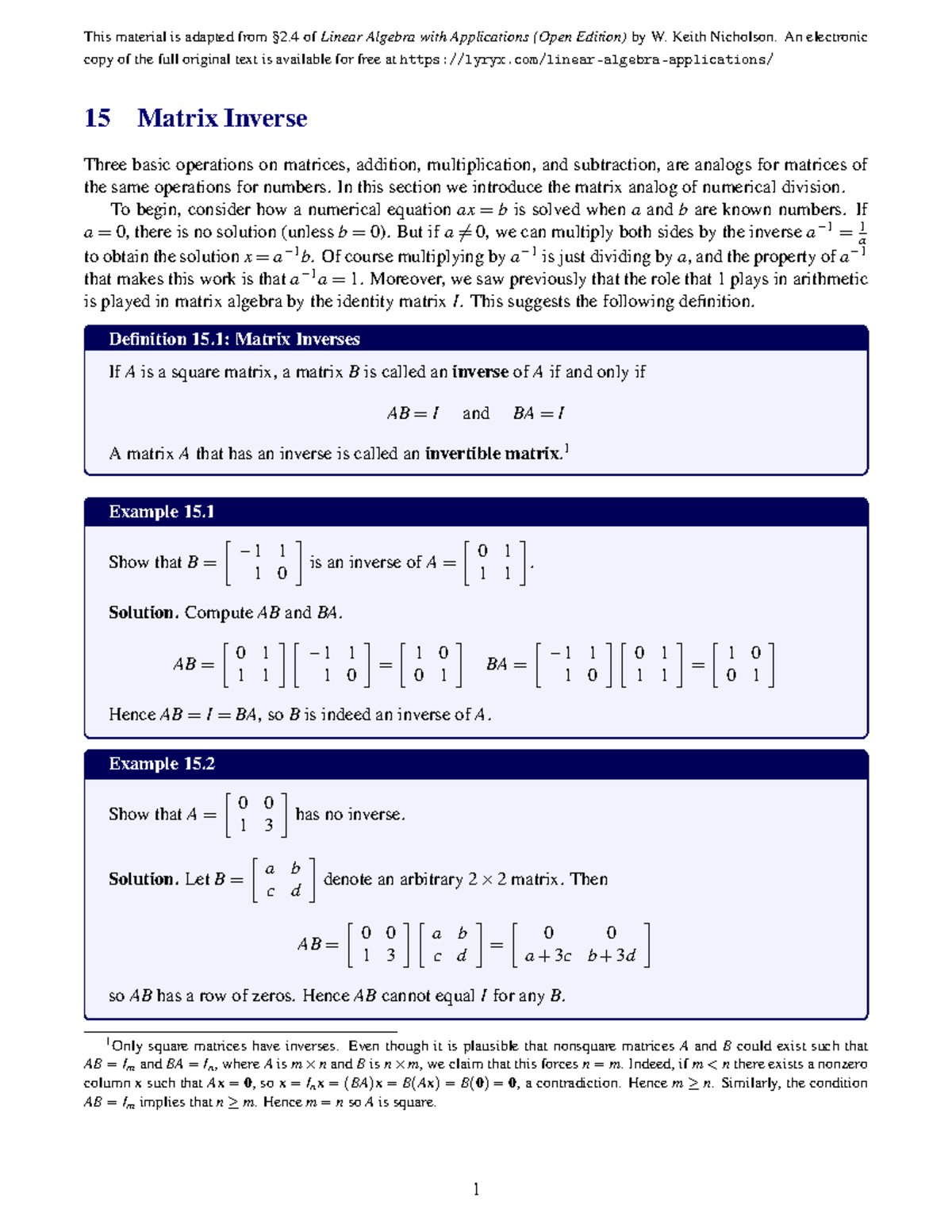 15Matrix Inverse - lecture materials - This material is adapted from §2 of Linear Algebra with ...