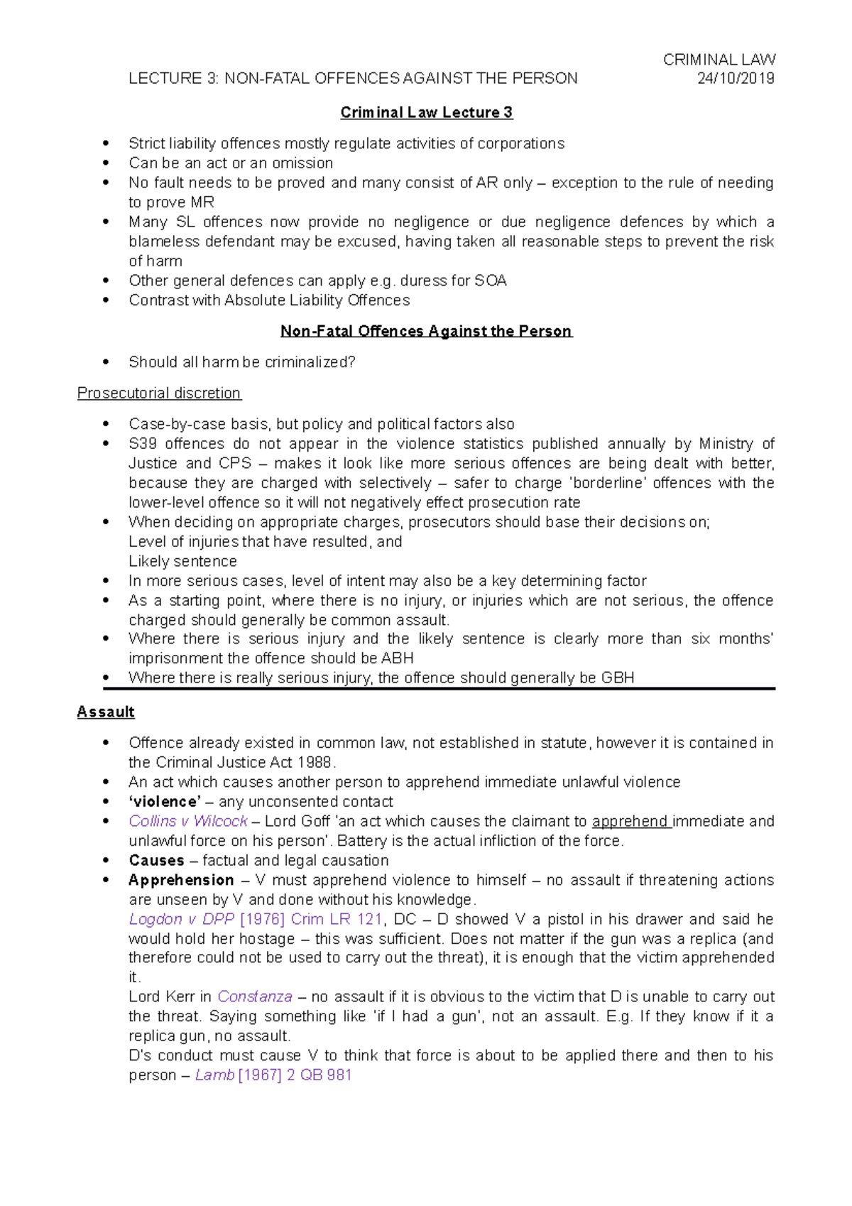 Criminal Law Lecture 3 - Nfoapa - LECTURE 3: NON-FATAL OFFENCES AGAINST ...