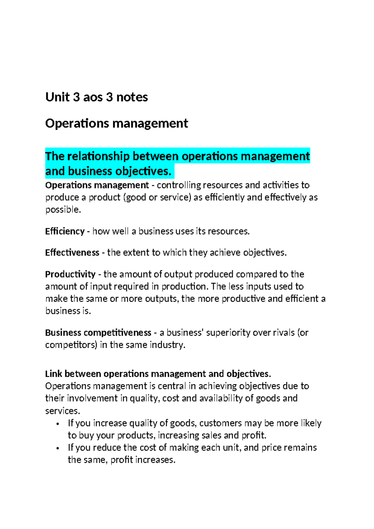Unit 3 aos 3 notes - Unit 3 aos 3 notes Operations management The ...