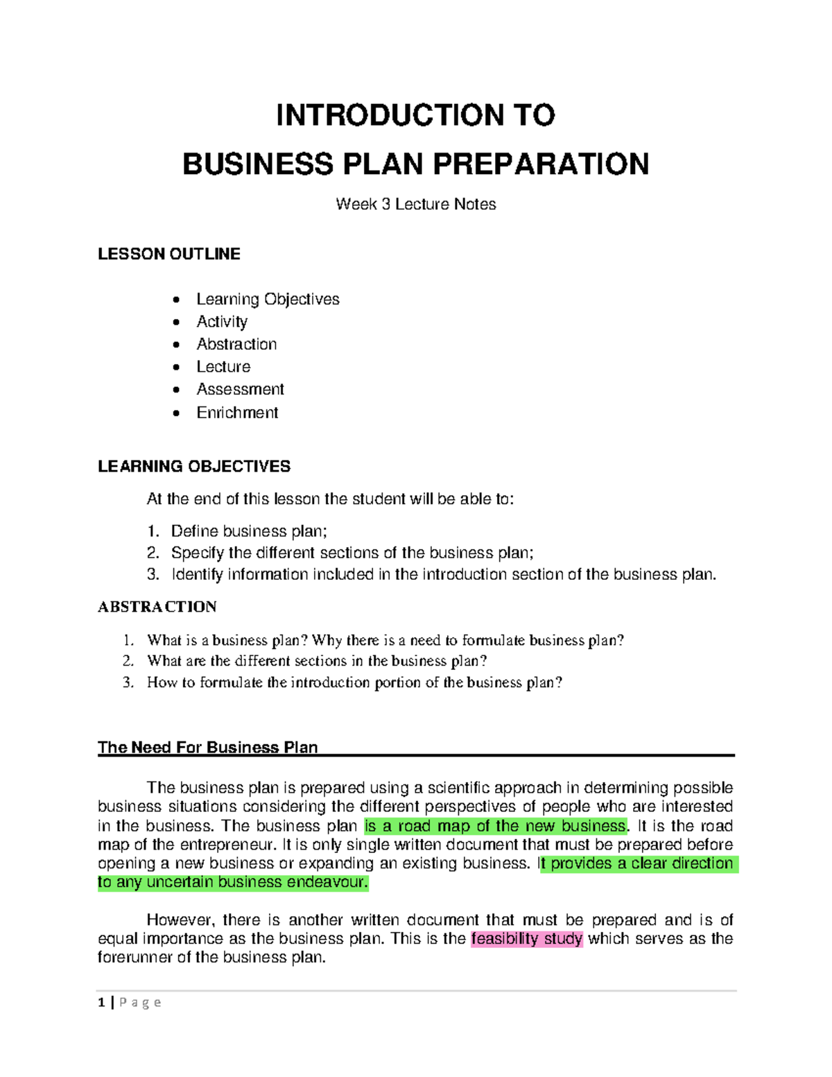 Lecture Notes (W3Q1) - ifu8rufuirhgyu87 - INTRODUCTION TO BUSINESS PLAN ...