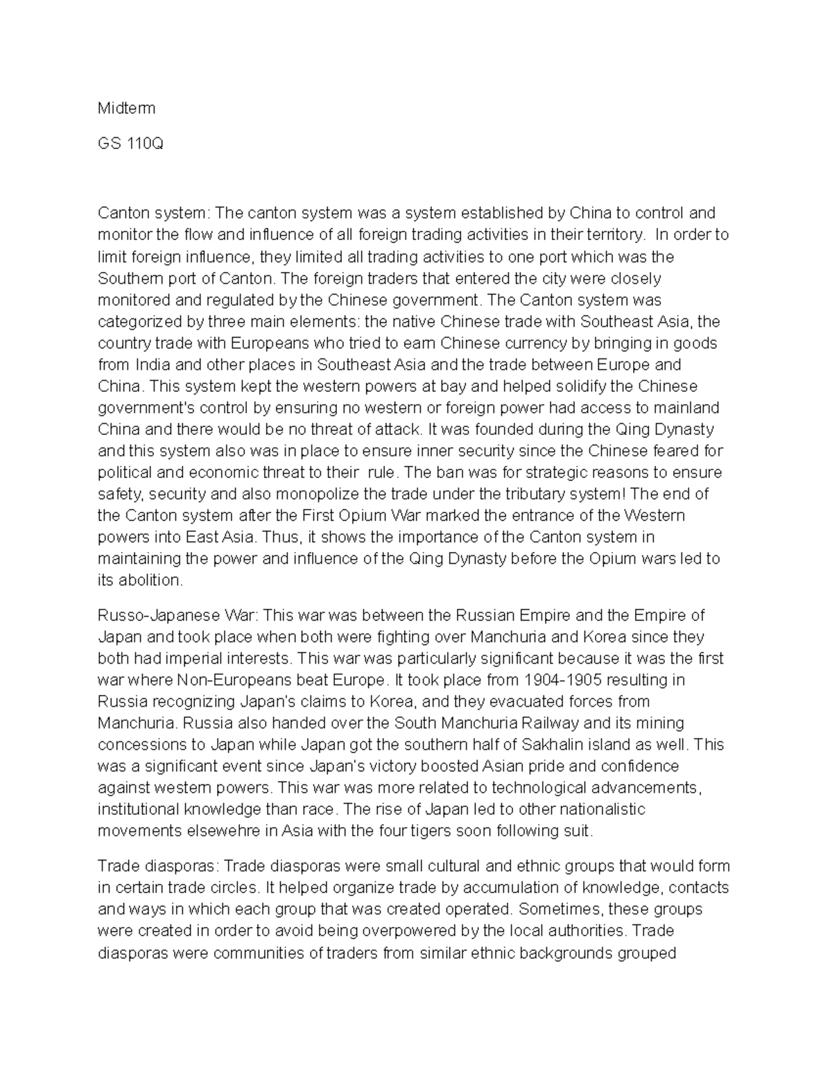 GS 110Q Midterm - Midterm GS 110Q Canton system: The canton system was ...